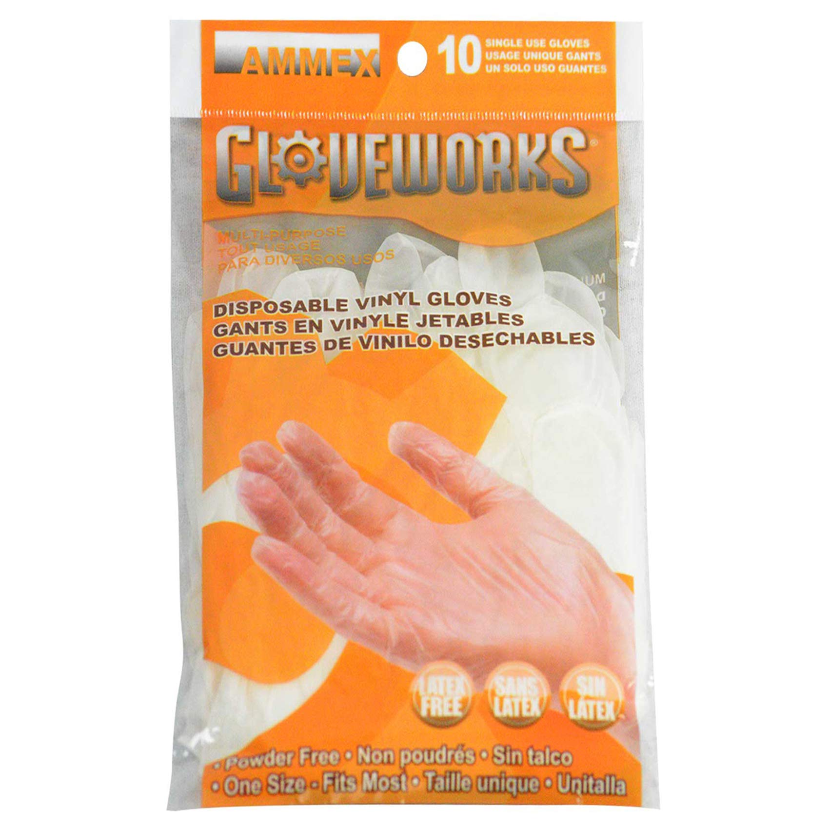 AMMEX Vinyl Disposable Gloves - 10/pack, Powder Free, 4 mil, Uni-size, Clear, Case of 250