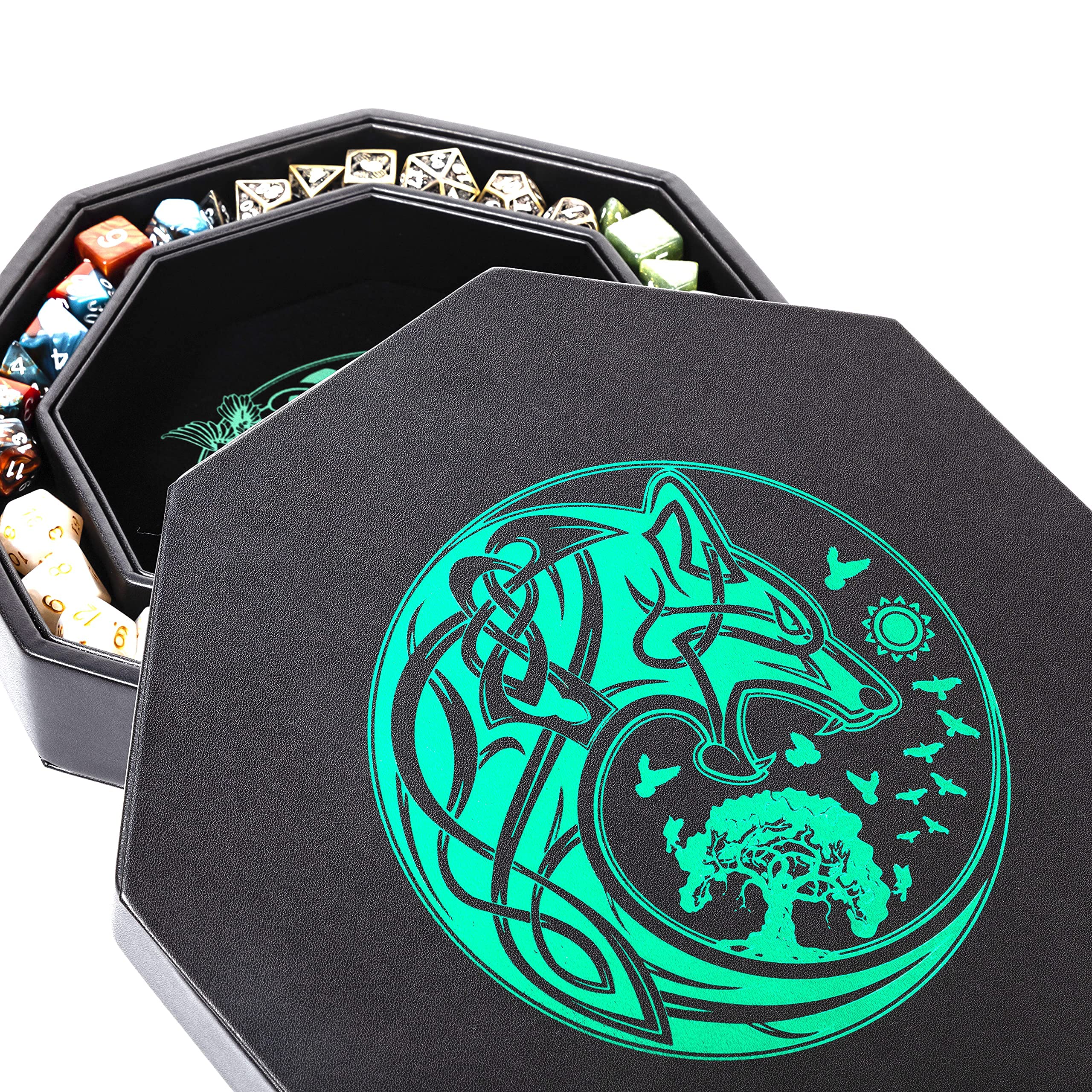 DND Dice Tray - Premium 8 Inch Tray for Dungeons and Dragons: Exquisitely Detailed Green World Tree & Wolf Raven Design - Perfect Rolling & Box Storage to Protect Your Dice for D&D and RPG