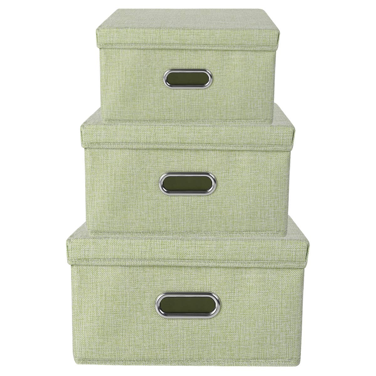 ANMINY 2 PCS Storage Boxes with Handles Removable Lids PP Plastic Board Foldable Lidded Cotton Linen Home Storage Cubes Bins Baskets Closet Clothes Toys Organizer Containers - Green, Small Size