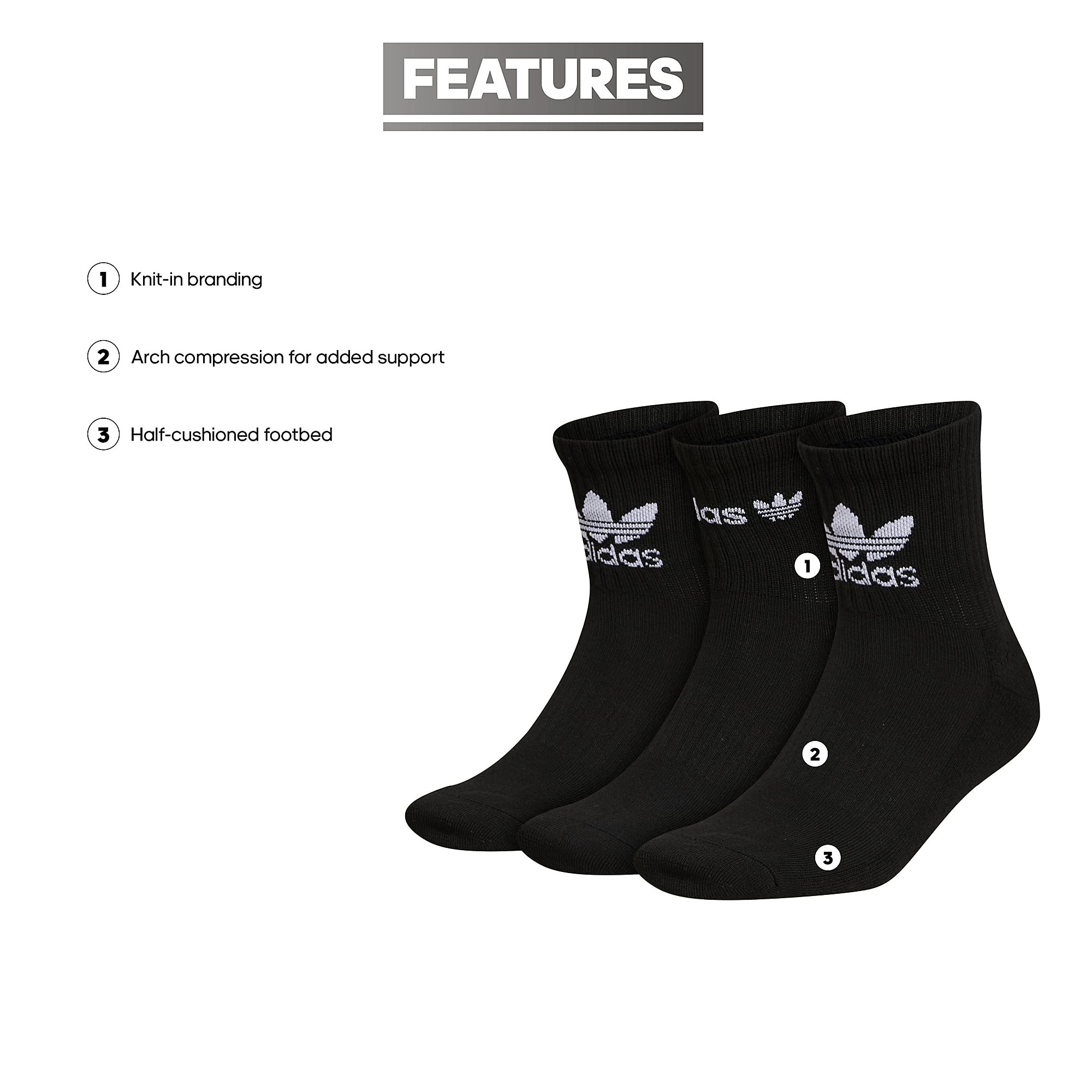 adidas Originals Men's Originals Icon 3-Pack Quarter, Black/White, Large