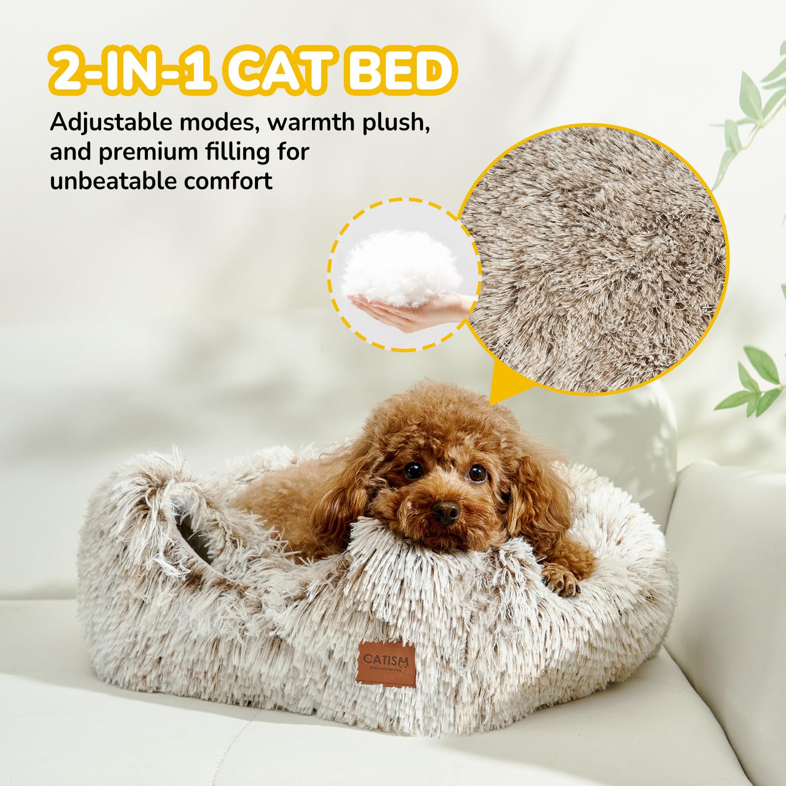 CATISM Cat Bed, Cat Cave for Indoor Cats, Soft Cat Dome, Self-Warming 2 in 1 Foldable Pet Cat House with Washable Cushioned Pillow Calming Fluffy Dog Beds for Small Dogs with Anti-Slip Bottom Brown