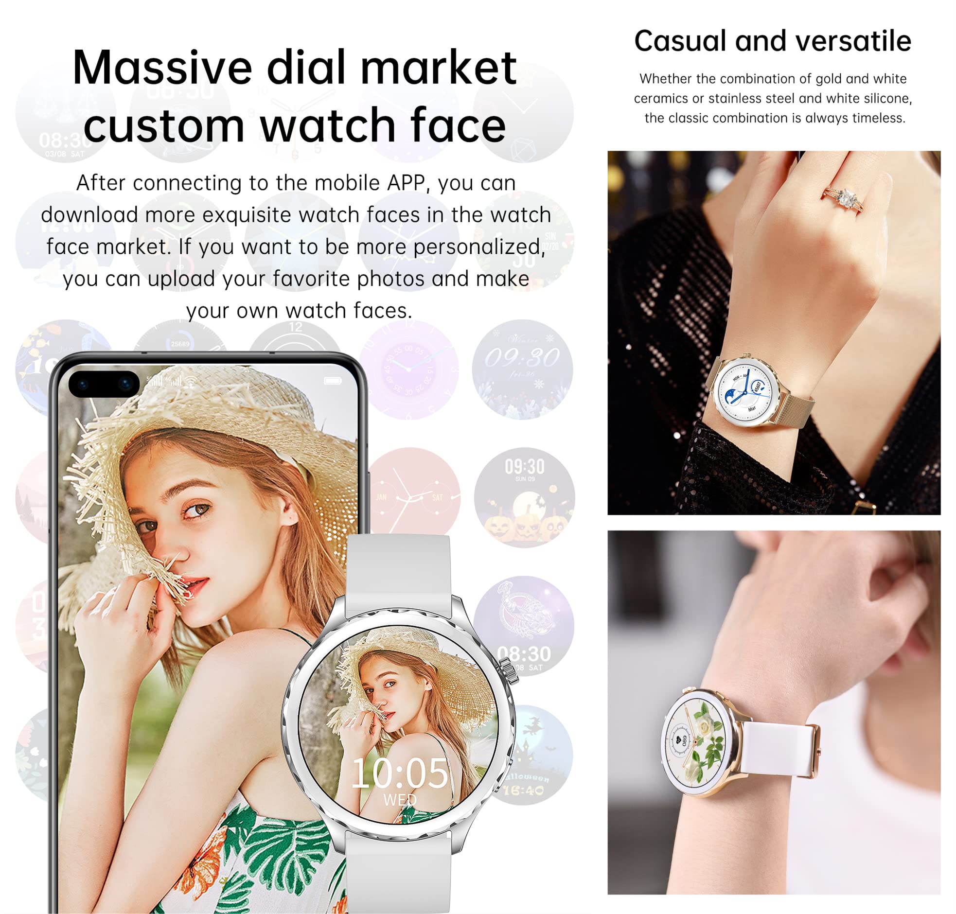 Aliwisdom Smart Watch for Women, 1.32" Round HD Screen Smartwatch waterproof Fitness Tracker Sport Watch Ceramic strap White for iPhone Android with Bluetooth Phone Call and Text Messaging (Rose Gold)