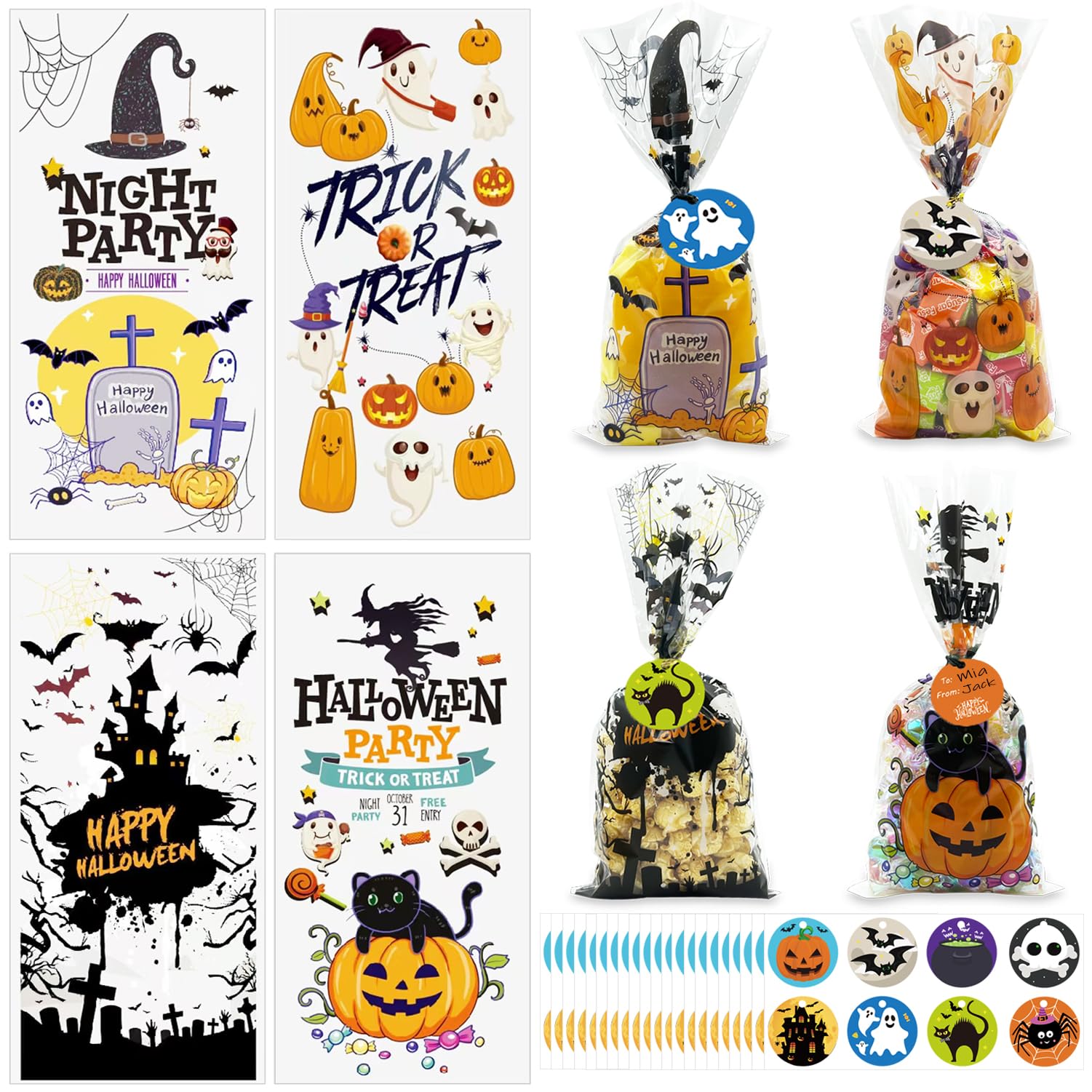 AouEtnay 120 Pcs Halloween Cellophane Bags Halloween Treat Bags Candy Bags with Tags Twist Ties for Goodie Cookie Candy Halloween Party Favor Supplies, 4 Styles