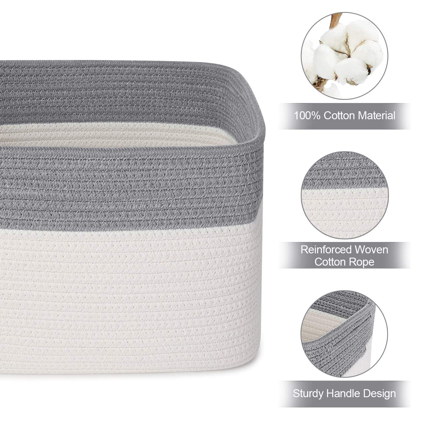 ANMINY 3PCS Woven Cotton Rope Storage Baskets with Handles Large Washable Basket Set Decorative Storage Bins Boxes Blanket Clothes Towel Laundry Organizer Containers - White/Gray