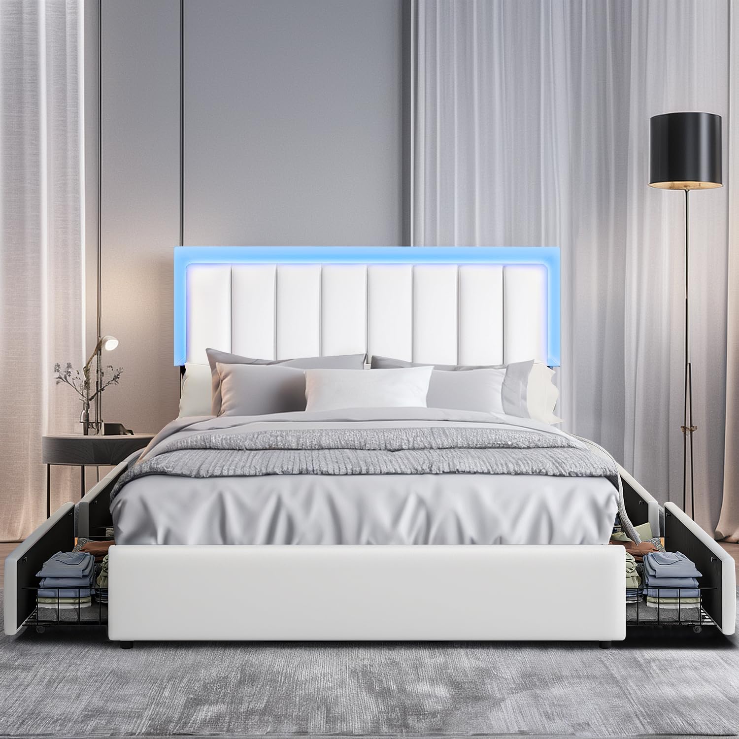 Catrimown Full Size Bed Frame with LED Lights and 4 Storage Drawers, Upholstered Platform Bed with Faux Leather Headboard, Strong Wooden Slats Support, No Box Spring Needed, Easy Assembly, White