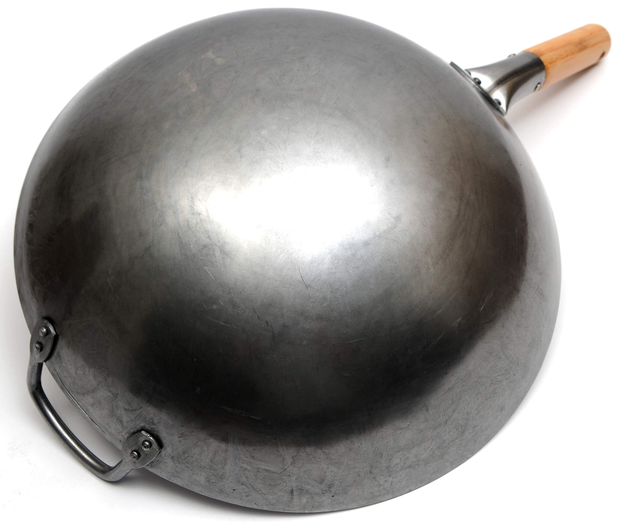 Chef's Medal Traditional Hand Hammered Carbon Steel Pow Wok with Bamboo and Steel Helper Handle - 14 Inch, Round Bottom