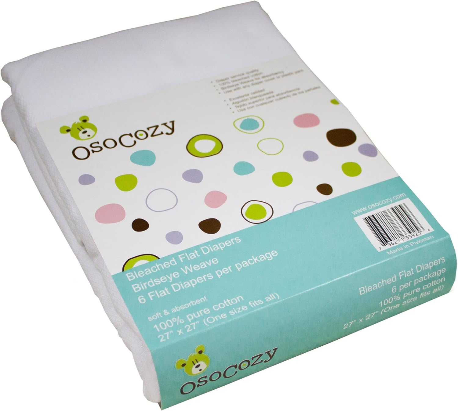 OsoCozy Bleached Birdseye Flat Cloth Diapers (6 Pack) - 27 x 27 Inches, One-Layer Flat Cloth Baby Nappies Made of Soft, Durable 100% Birdseye Weave Cotton…