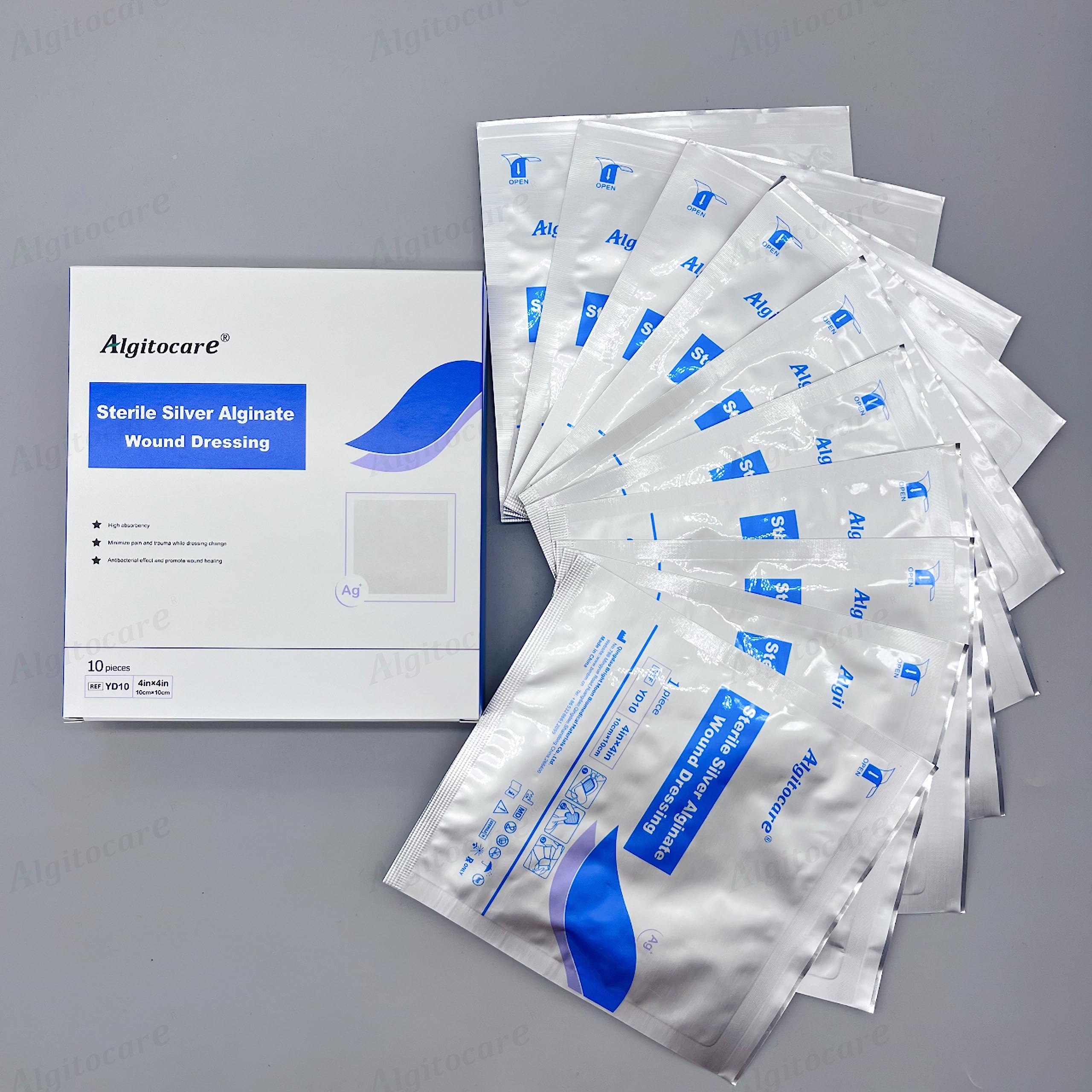 Algitocare Ag Silver Calcium Alginate Wound Dressing - 4"x4"(Pack of 10) with 2"x2"(Pack of 10)