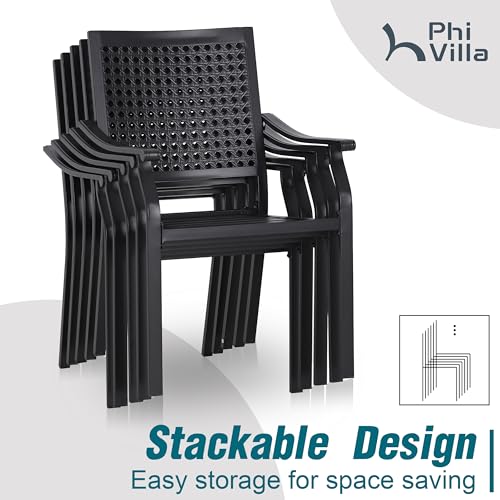 PHI VILLA 5 Pieces Outdoor Round Dining Set for 4, Steel Circle Table with Umbrella Hole & Stacking Wrought Iron Chairs, Morden Dining Furniture Set for Patio, Deck, Yard, Porch