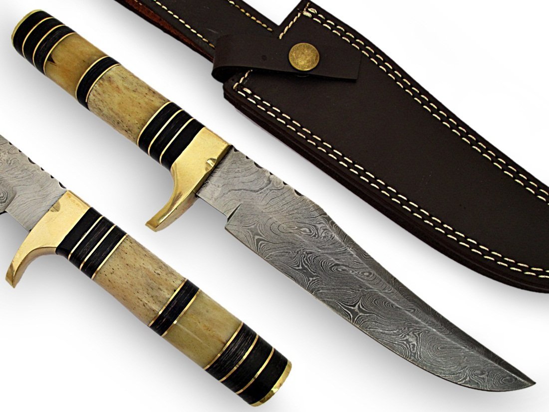 AishaTech Aegis Hunting Knife Damascus Steel Blade Bone and Wood Handle