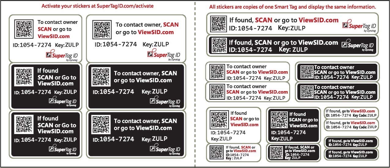 Dynotag Web Enabled Smart Stickers, with DynoIQ & Lifetime Recovery Service. Set of 20 Assorted Sizes/Colors of ONE Record (All Share The Same Information)