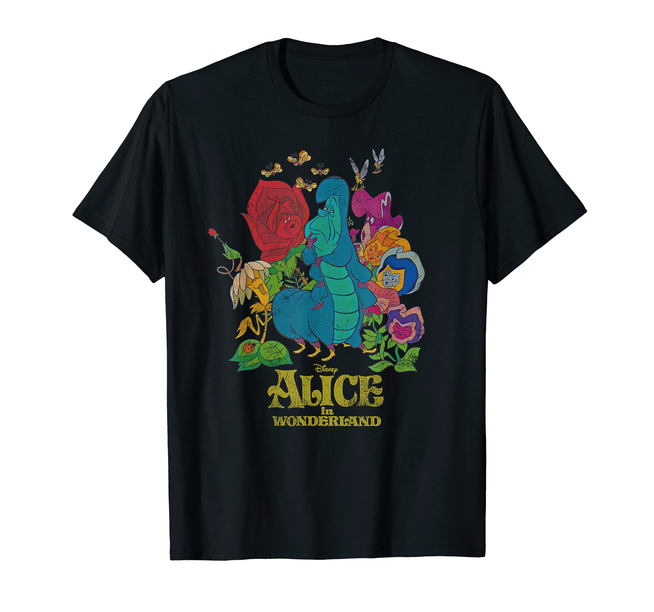 Alice in Wonderland Caterpillar and Living Flowers Retro T-Shirt