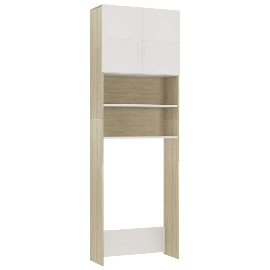 FAMIROSA Washing Machine Shelf, Washer Dryer Storage Shelf, Toilet Bathroom Cabinet above with 2 doors and 2 open compartments 25.2"x10"x74.8"White and Sonoma Oak