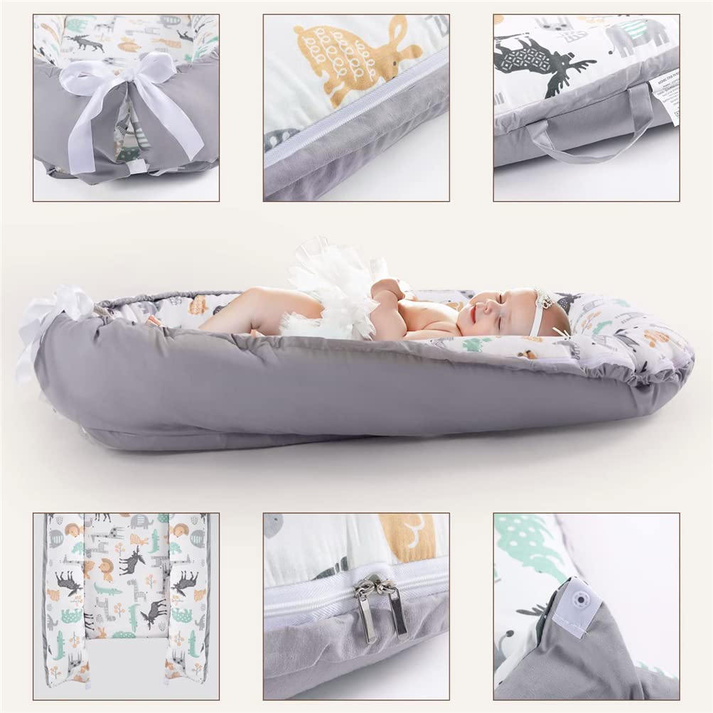 Baby Lounger Baby Nest Cotton Breathable Sleeping Bed Cover for Newborn Nest Co Sleeping Bed Machine Washable,Animals