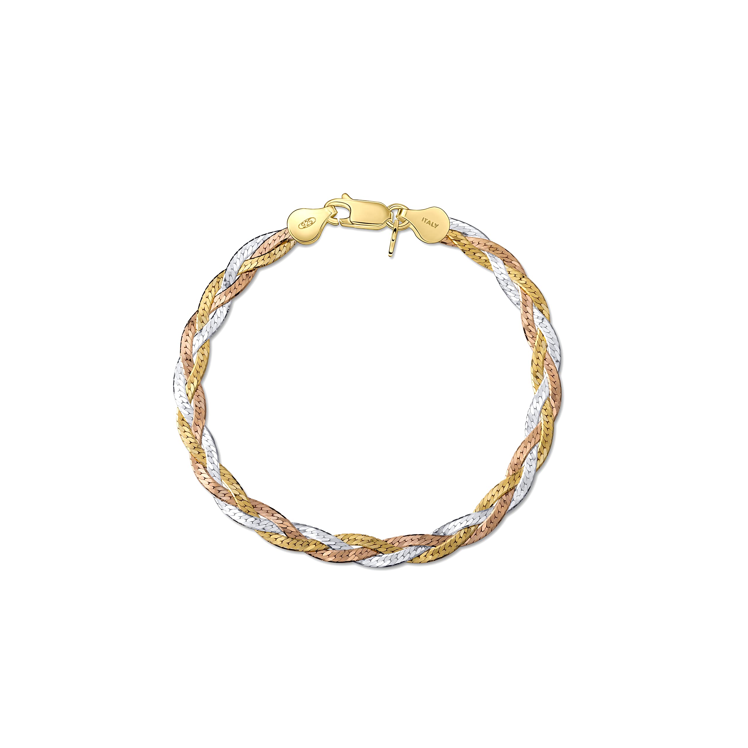 Amberta Women's 925 Sterling Silver Braided Herringbone Chain Bracelet (Length 7.5 inch): Multicoloured