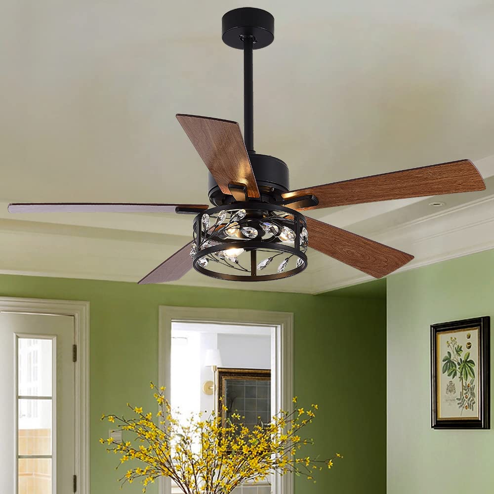 ANFERSONLIGHT 52" Crystal Ceiling Fan with Light - Vintage Industrial Style, Noiseless, Remote Control, Reversible Motor, 3 Speeds - Perfect for Living Room, Bedroom & Dining Room - Black Finish