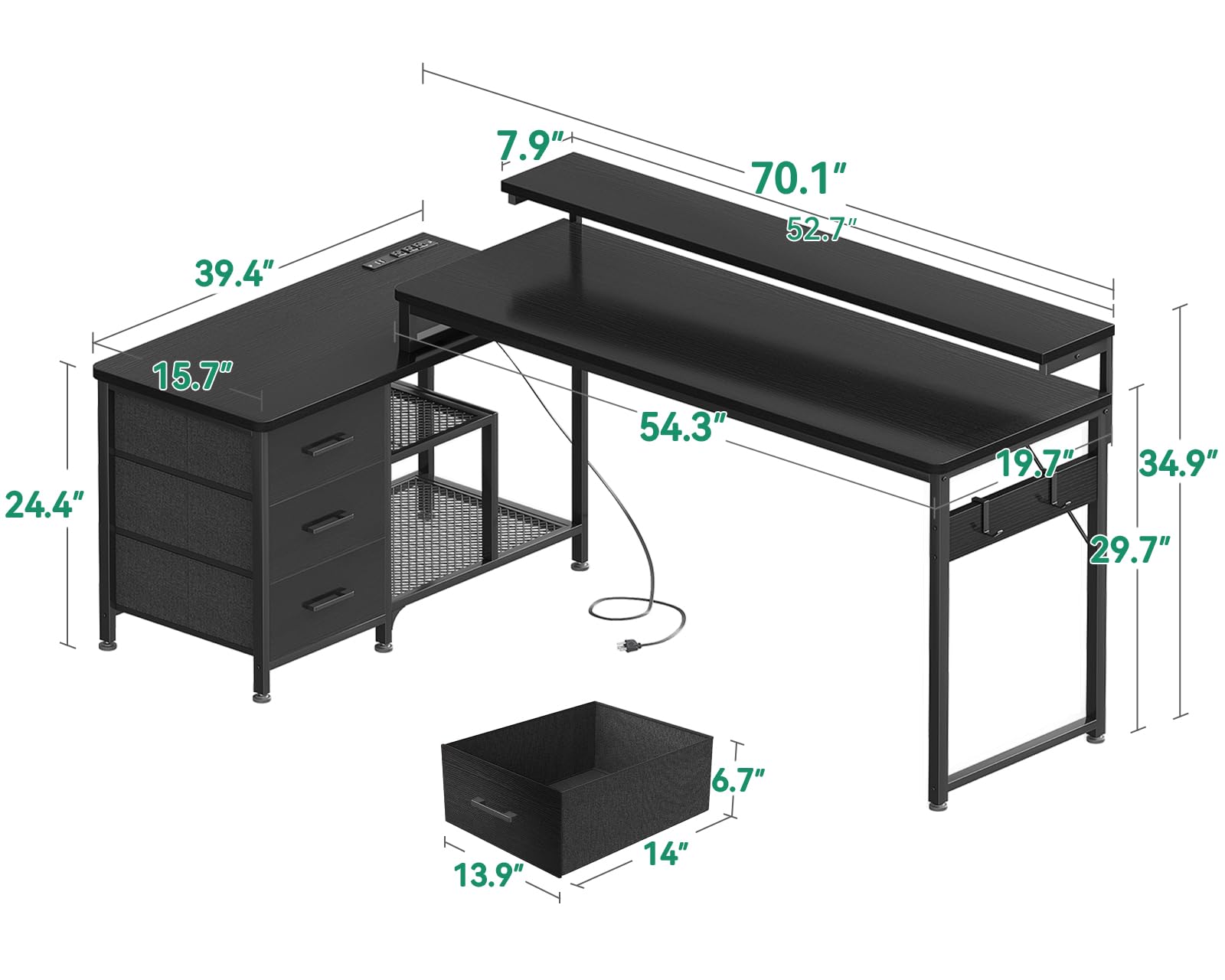 AODK 70 Inch L Shaped Computer Desk with Power Outlets & USB Charging Ports, Reversible L-Shaped Corner Desk with Drawers & Monitor Stand, Home Office Workstation with Storage Cabinet, Rustic Brown