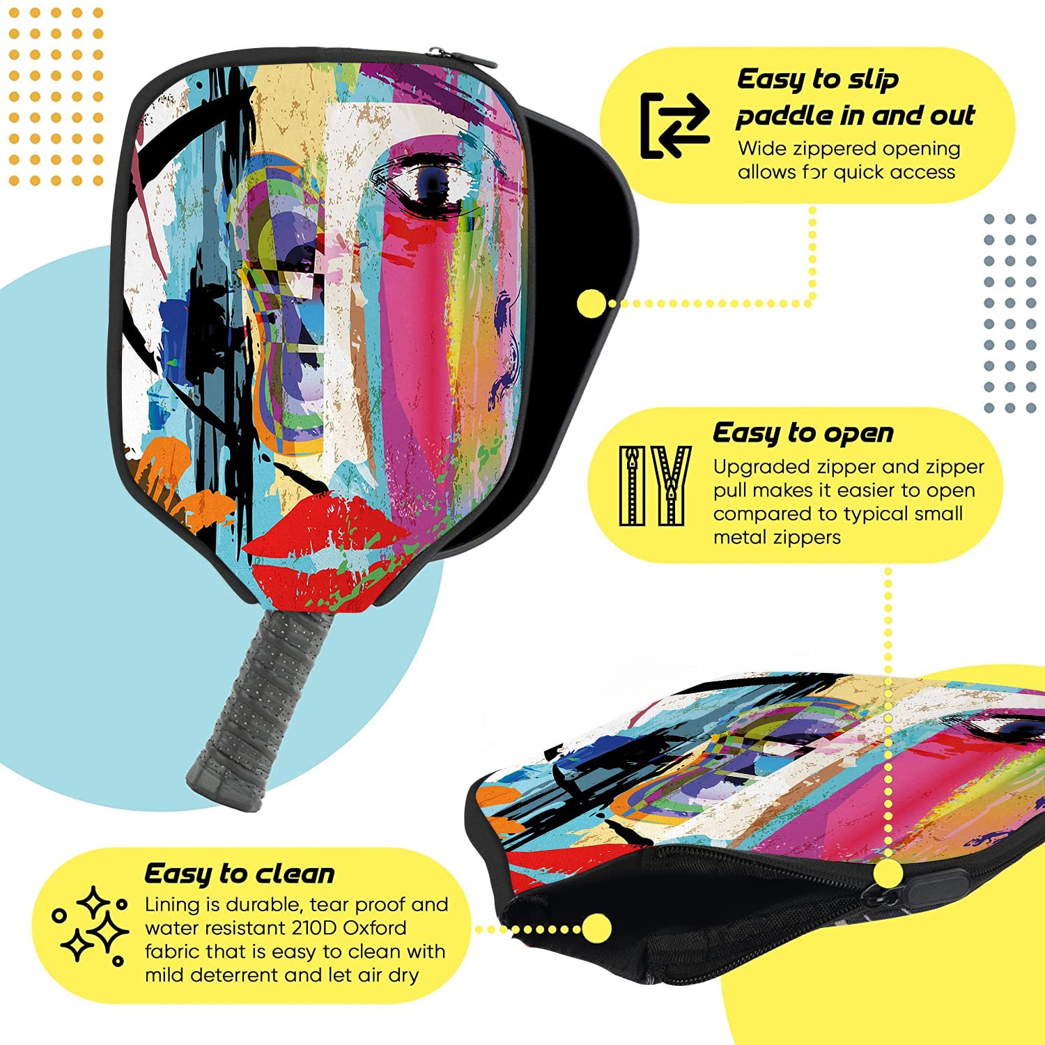 Art Printed Pickleball Paddle Cover, Paint Kiss Graffiti Creative Theme Padded Pickleball Protection Neoprene Cover Paddle Case Racket Cover Holder Sleeve Case Protector, Fits Most Paddle/Racket