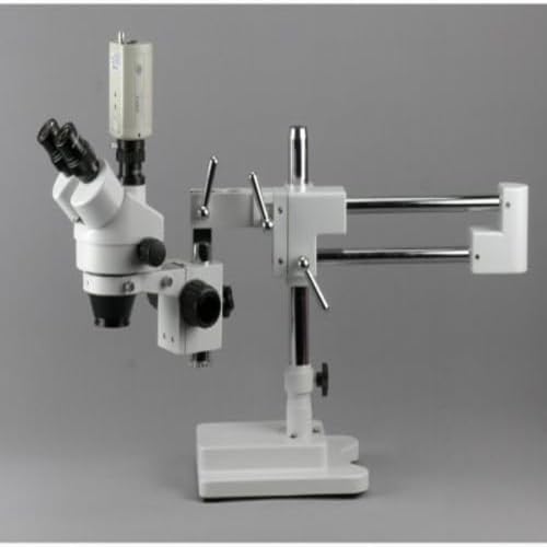 AmScope SM-3TZ Professional Trinocular Stereo Zoom Microscope, WH10x Eyepieces, 3.5X-90X Magnification, 0.7X-4.5X Zoom Objective, Ambient Lighting, Single-Arm Boom Stand, Includes 0.5X and 2.0X Barlow Lenses