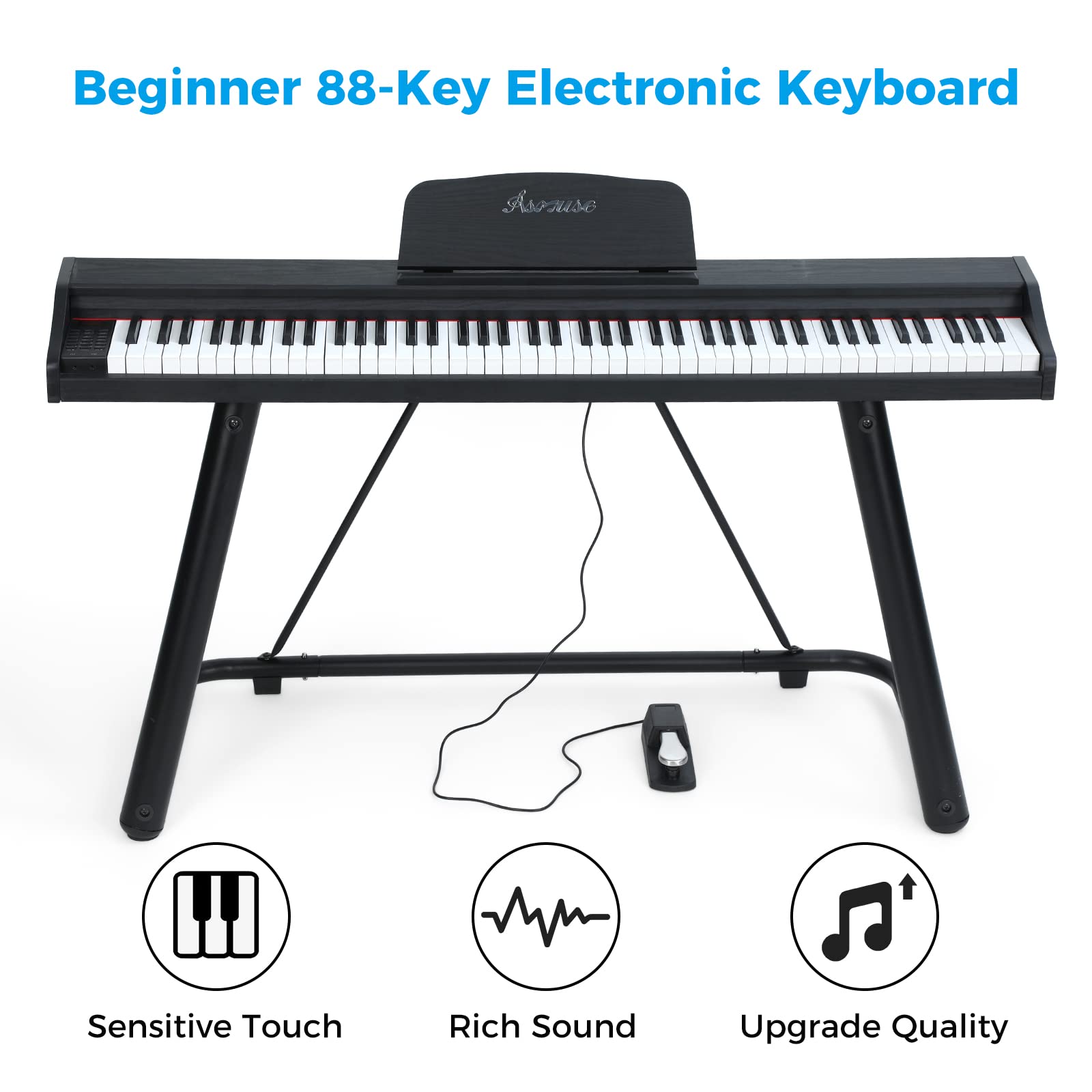 Asmuse 88-Key Full Size Digital Piano, Electronic Keyboard Set With Semi Weighted Keys, Stand, Sustain Pedal, Built-In Speakers, Power Supply (Black)