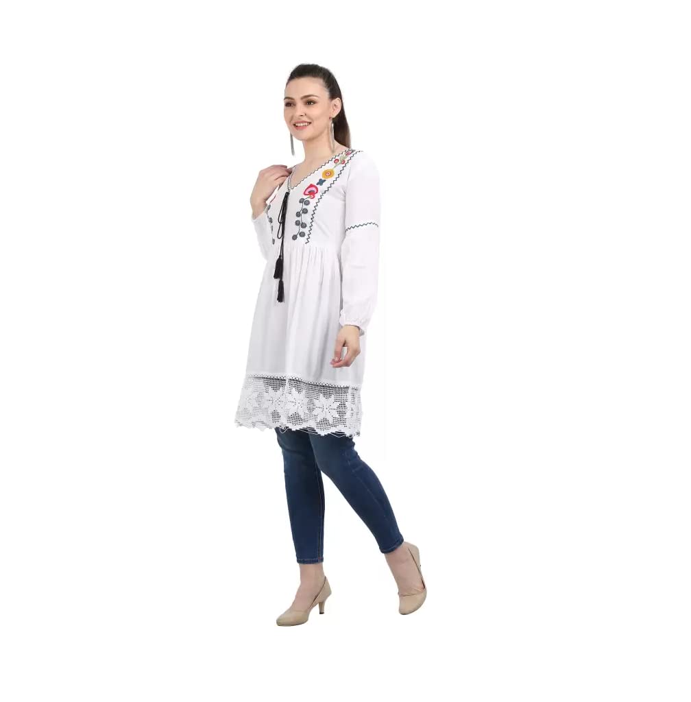 Anantdiva Women's Rayon Tops Short Kurta Kurti Indian Embroidery Summer Casual Tunic Kurta Kurti Tops for Women (as1, alpha, x_l, regular, regular, White)