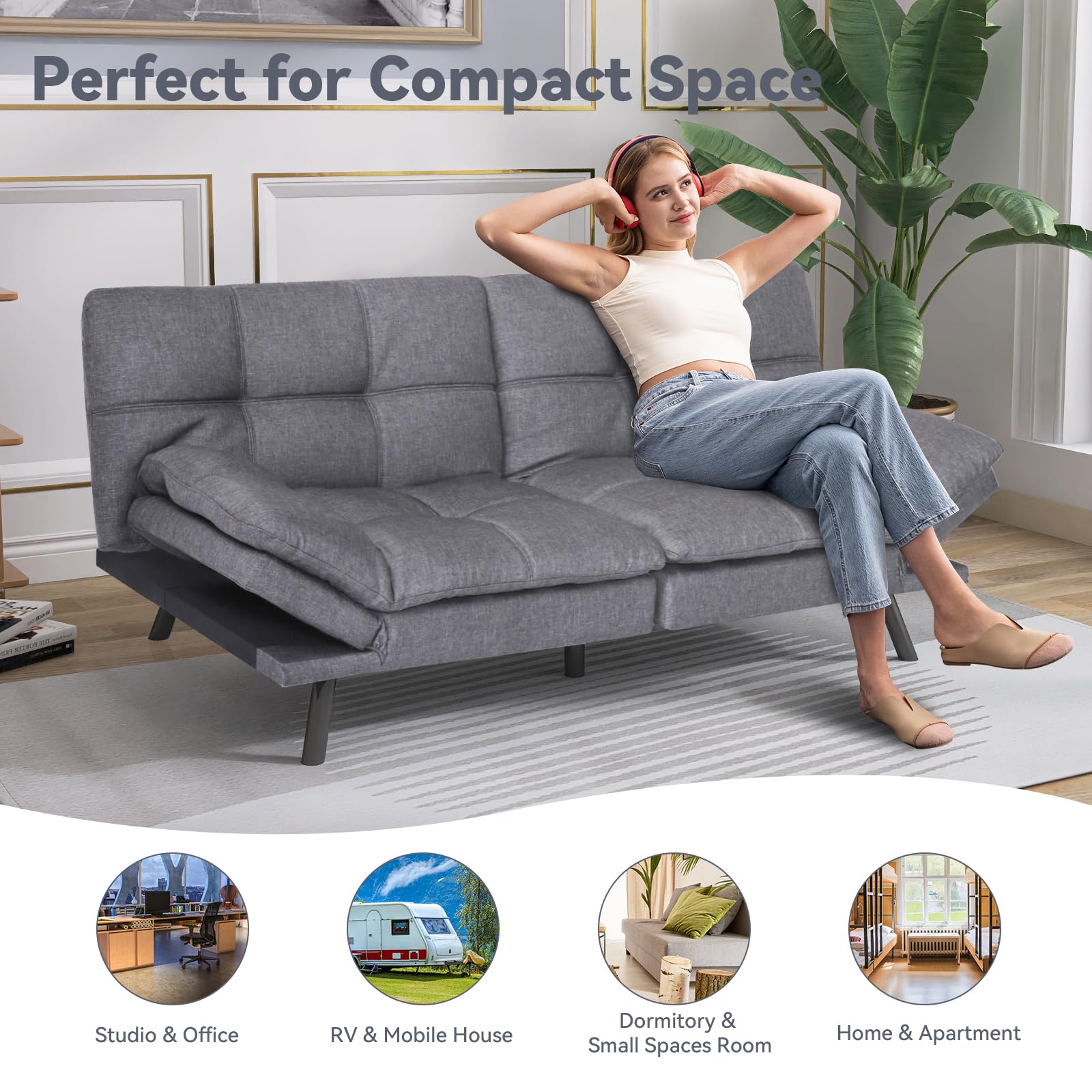 Hcore Convertible Futon Sofa Couch Bed,Memory Foam Futon Couch,Sofa Bed Couch,Modern Futon Bed Loveseat Sofa Sleeper Splitback Sofa Polyester Modern Sofa for Living Room,Office,Apartment,Dark Grey
