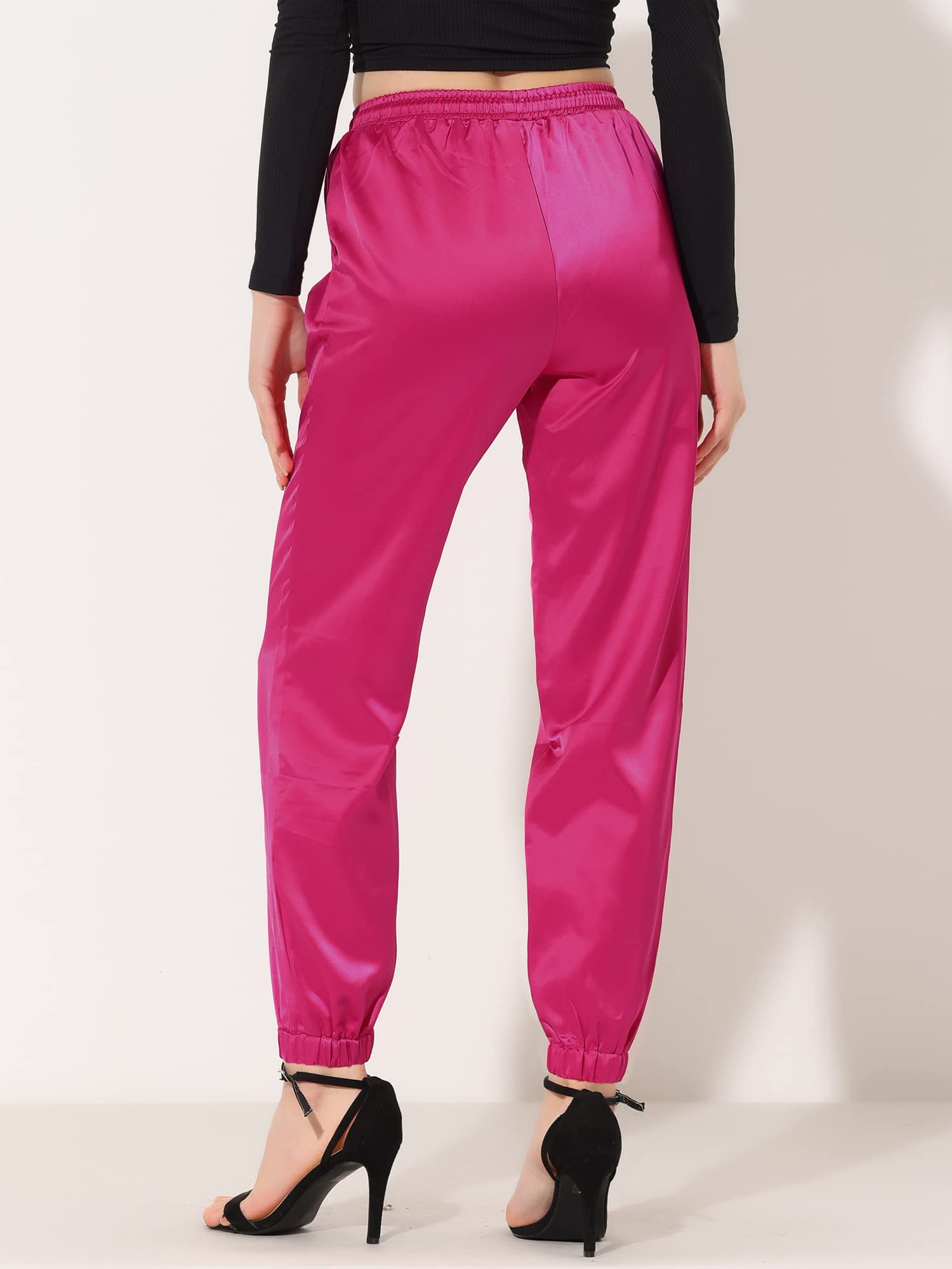 Allegra K Women's Drawstring Elastic Waist Athleisure Pants Ankle Length Satin Joggers with Pocket Large Hot Pink