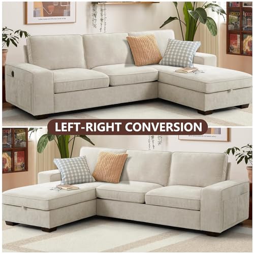ASHOMELI 99β Convertible Sectional Sofa,L Shaped Couch,Multi-functional Reversible Sofa with USB and Type-C Charging Ports, Storage Space, Breathable Fabric (Beige)