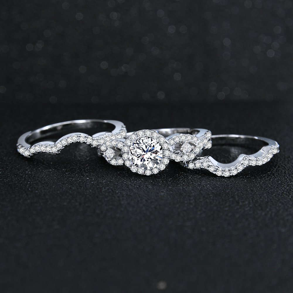 AOEDEJ 3 Piece Round Cut Halo CZ Ring 925 Sterling Silver Anniversary Wedding Band Engagement Ring Bridal Set (8)