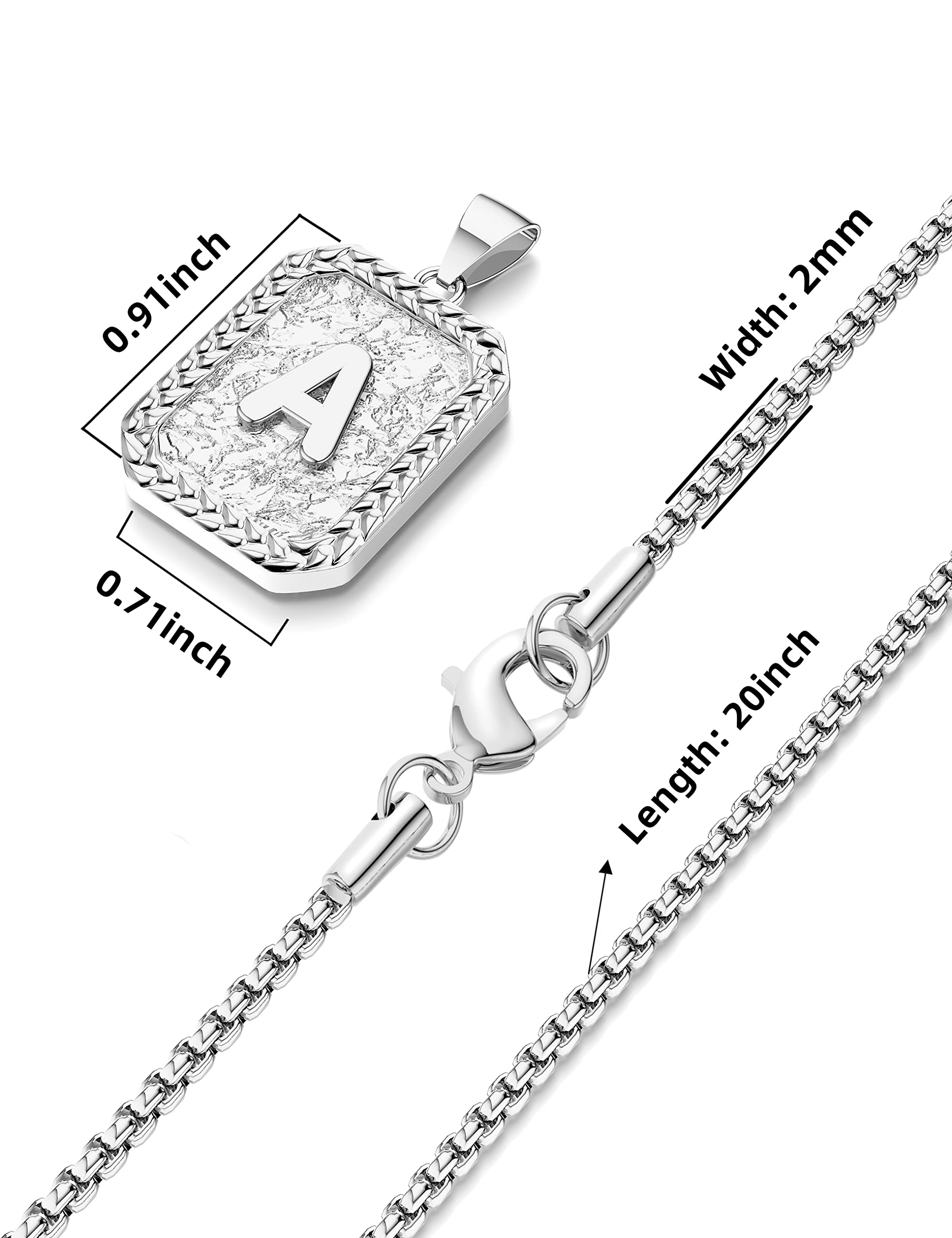 Airrty Initial Letter Pendant Necklace for Men Women Sterling Silver Plated Box Chain Necklace 20 Inches Initial Necklaces for Men (A)