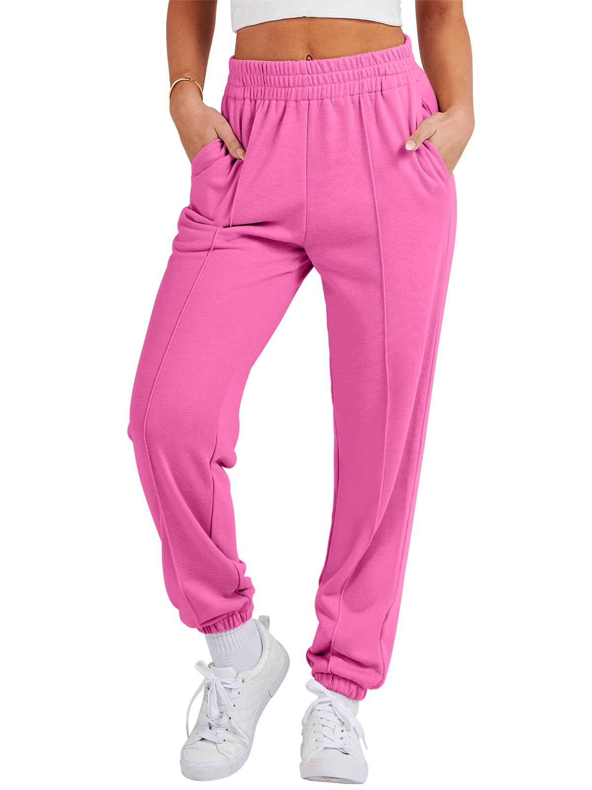 ANRABESS Women's High Waist Sweatpants Workout Athletic Joggers Pants Baggy Lounge Cinch Bottoms with Pockets 2024 Fall Hot Pink X-Large