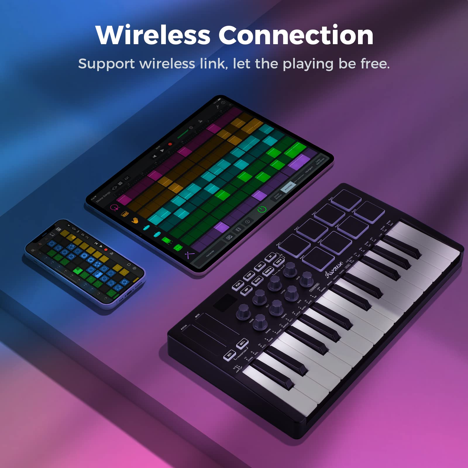Asmuse Wireless MIDI keyboard, 25 Keys USB MIDI Controller Keyboard with Bluetooth, Professional Mini MK3 with Beat Pad, Knobs and Keys (Black)