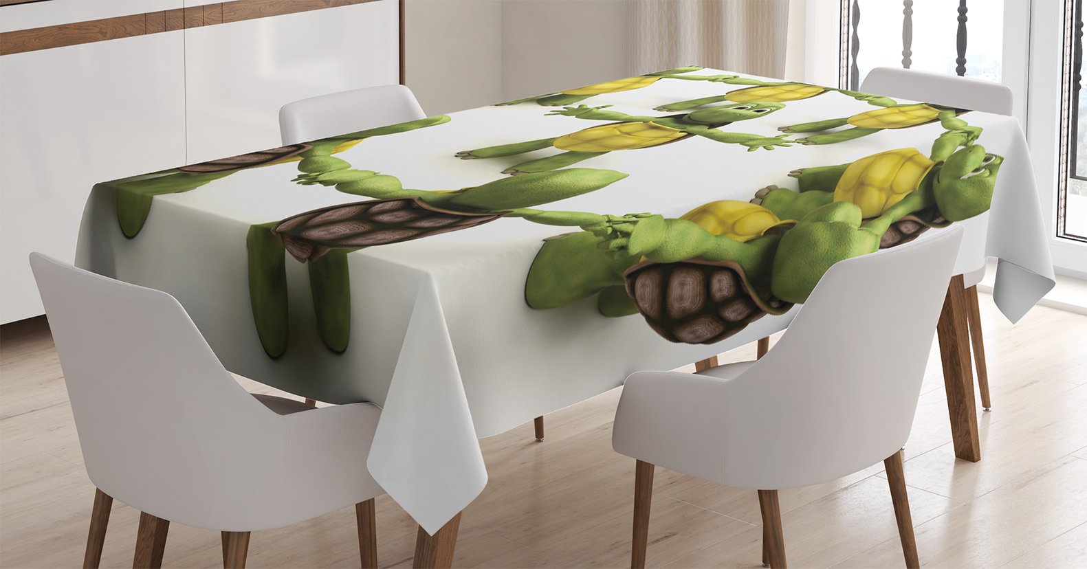 Ambesonne Reptile Tablecloth, Ninja Turtles Dancing Tortoise Team Relax Fun Happiness Theme, Rectangular Table Cover for Dining Room Kitchen Decor, 52" X 70", Green White Brown
