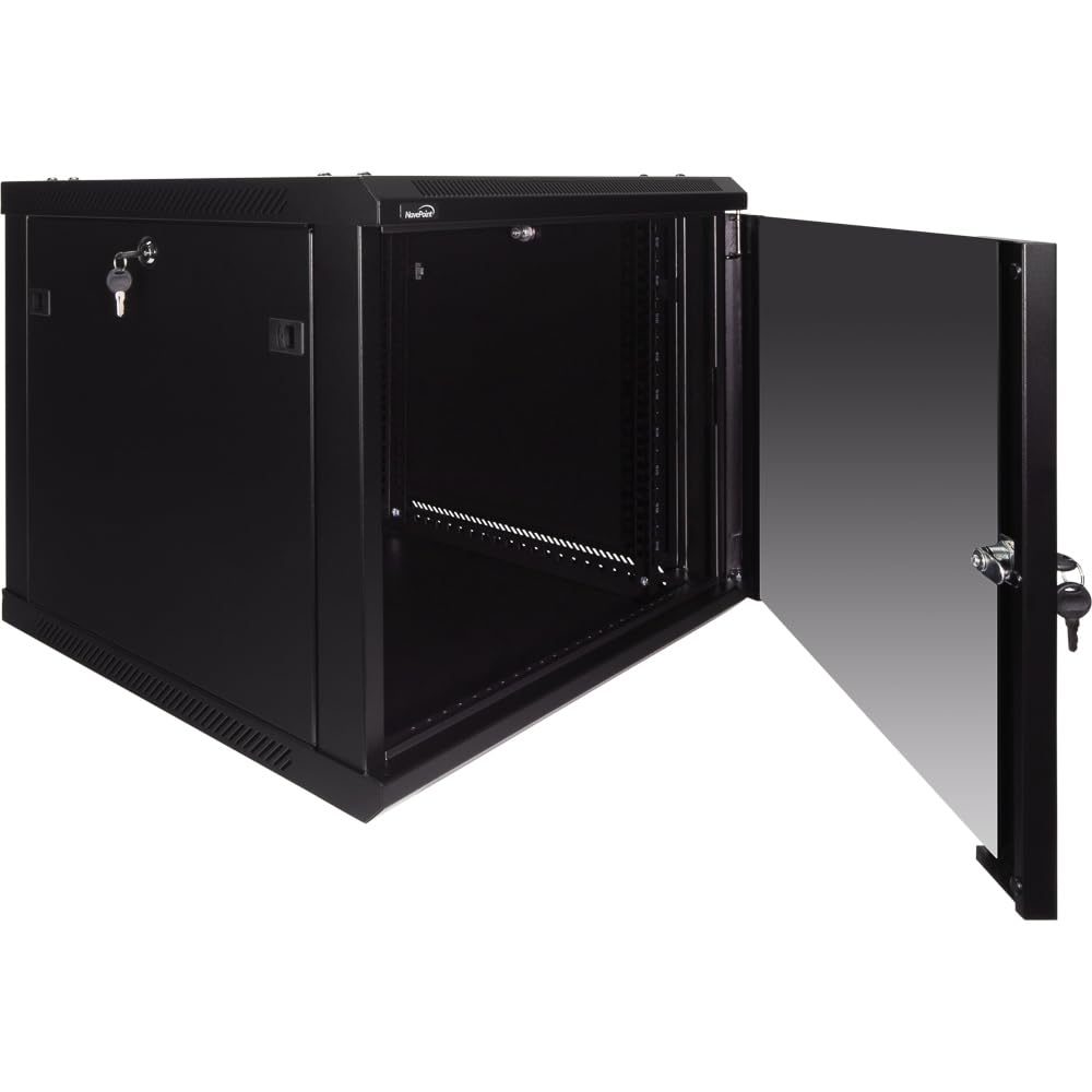 NavePoint 9U Server Rack Enclosure - 23.6β Deep, 9U Wall Mount Network Cabinet with Locking Glass Door for 19β IT Equipment, 9U Network Rack with 2 Fans, Removable Side Panels, Black