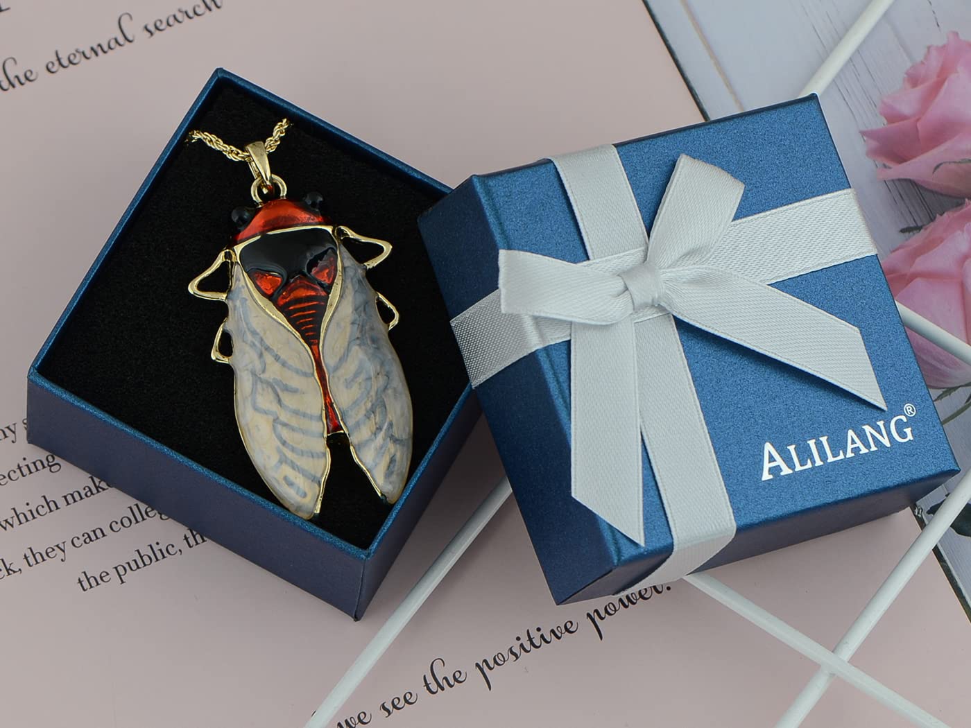 Alilang Big Antique Golden Tone Orange Amber Vintage Insect Cicada Beetle Bug Chain Pendant Necklace
