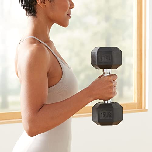 Amazon Basics Rubber Encased Exercise & Fitness Hex Dumbbell, Hand Weight for Strength Training, 15 pounds, Black & Silver