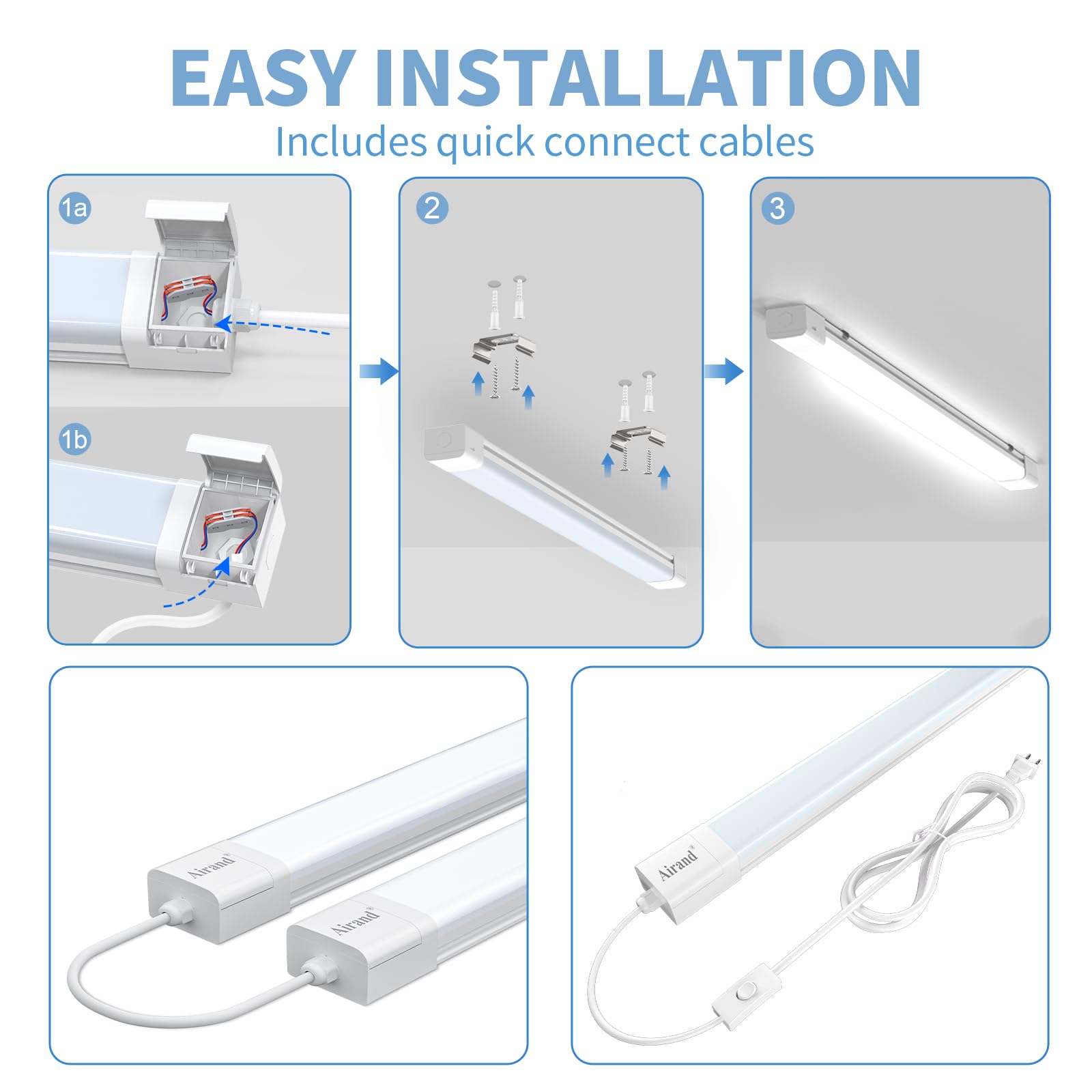 Ceiling Lights with Plug 5000K, 4FT Plug in Ceiling Light 36W LED Tube Lights Fixture with ON/Off Switch Linkable LED Closet Light for Bathroom, Garage, Workbench, Cabinet, Overhead Lighting