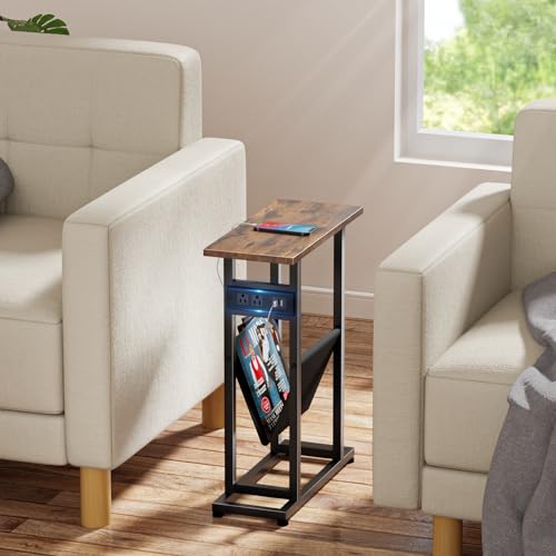 LAKEMID Narrow Side Table Set of 2 with Charging Station, Skinny Side Tables with Storage, Slim End Tables for Small Spaces with USB Ports for Living Room, Bedroom, Rustic Brown