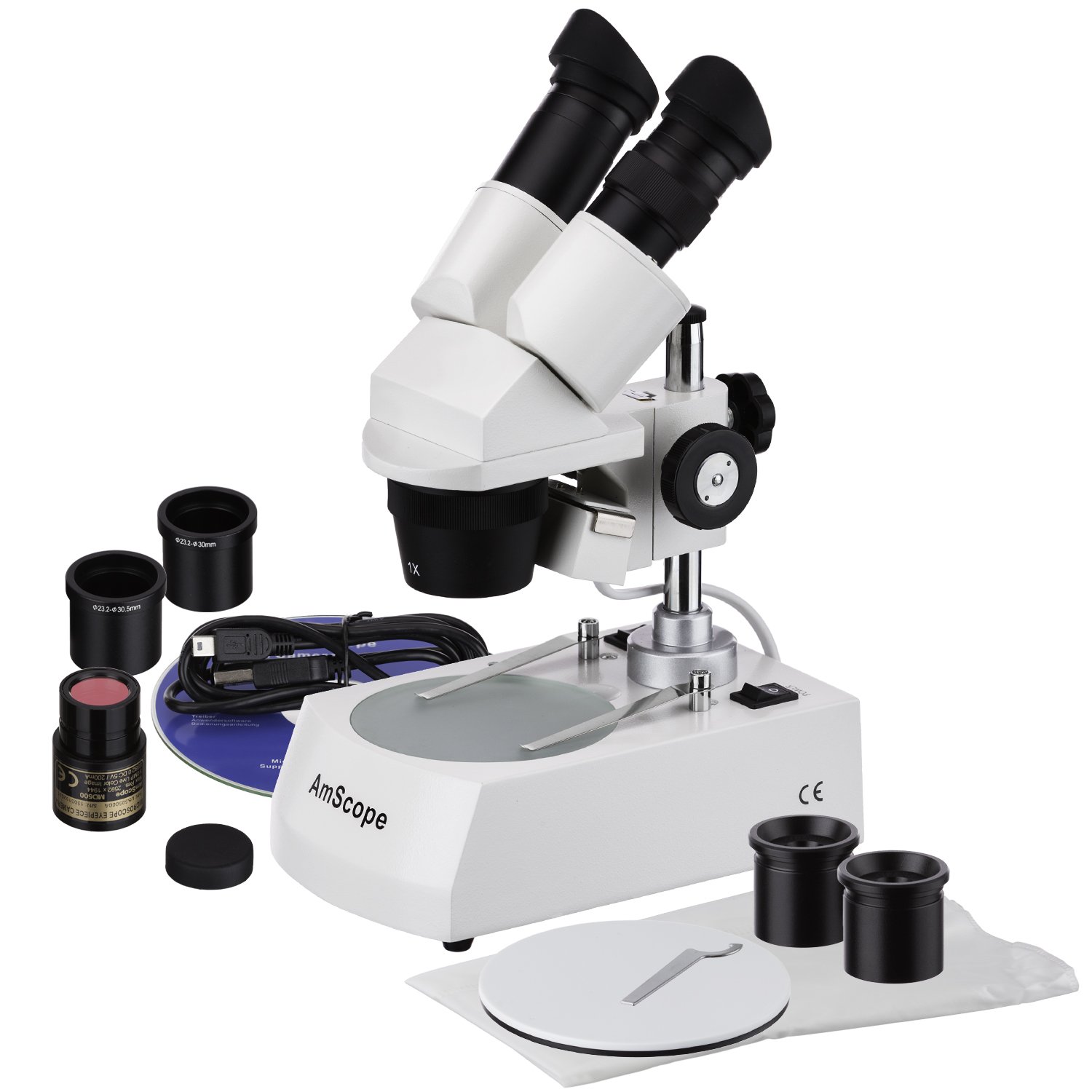 AmScope SE306-AZ-E2 Digital Binocular Stereo Microscope, WF10x and WF20x Eyepieces, 20X/40X/80X Magnification, 2X and 4X Objectives, Upper and Lower Halogen Lighting, Reversible Black/White Stage Plate, Arm Stand, 120V, Includes 2MP Camera and Software