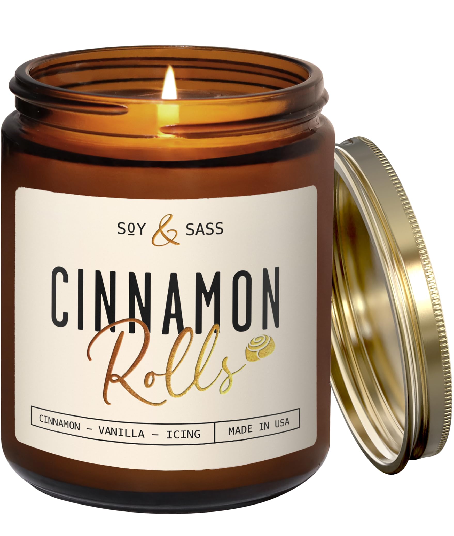 Cinnamon Candle, Fall Candles, Christmas Candles - 'Cinnamon Rolls' Autumn Scented Soy Candles for Home, 9oz Reusable Jar, 50Hr Burn, Made in USA