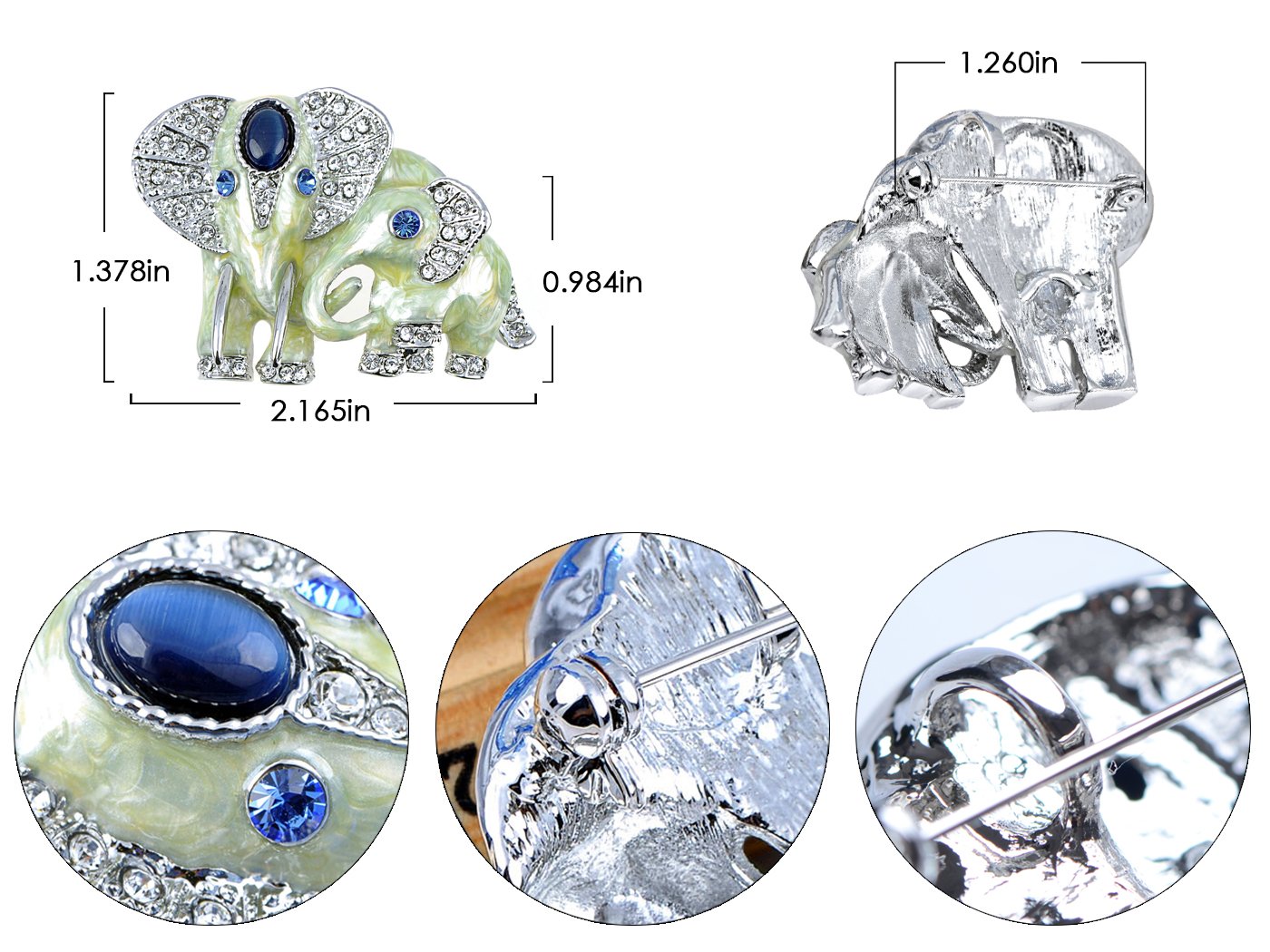 Alilang Crystal Sapphire Eyed Pearlescent Paint Elephants Pin Brooch