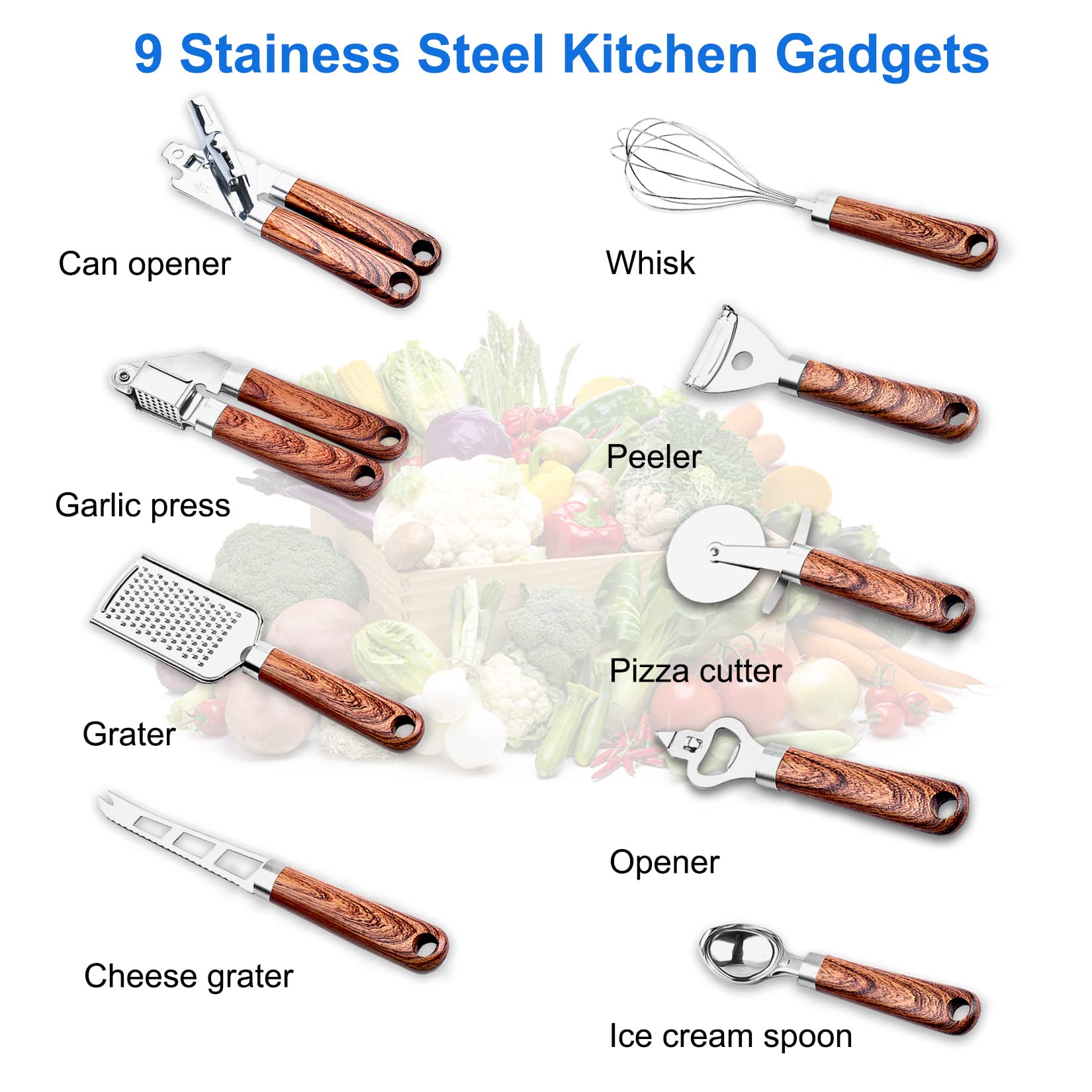 9Pcs Kitchen Gadget Set, Stainless Steel Cooking Utensils Set with Imitated Wood Handle, Premium Gadgets Kitchen Tools Set with Pizza Cutter, Whisk, Spoon, Grater, Opener, Vegetable Peeler
