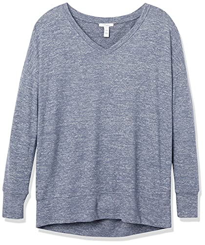 Amazon Brand - Daily Ritual Women's Cozy Knit Drop-Shoulder V-Neck Top, Blue Heather,Small