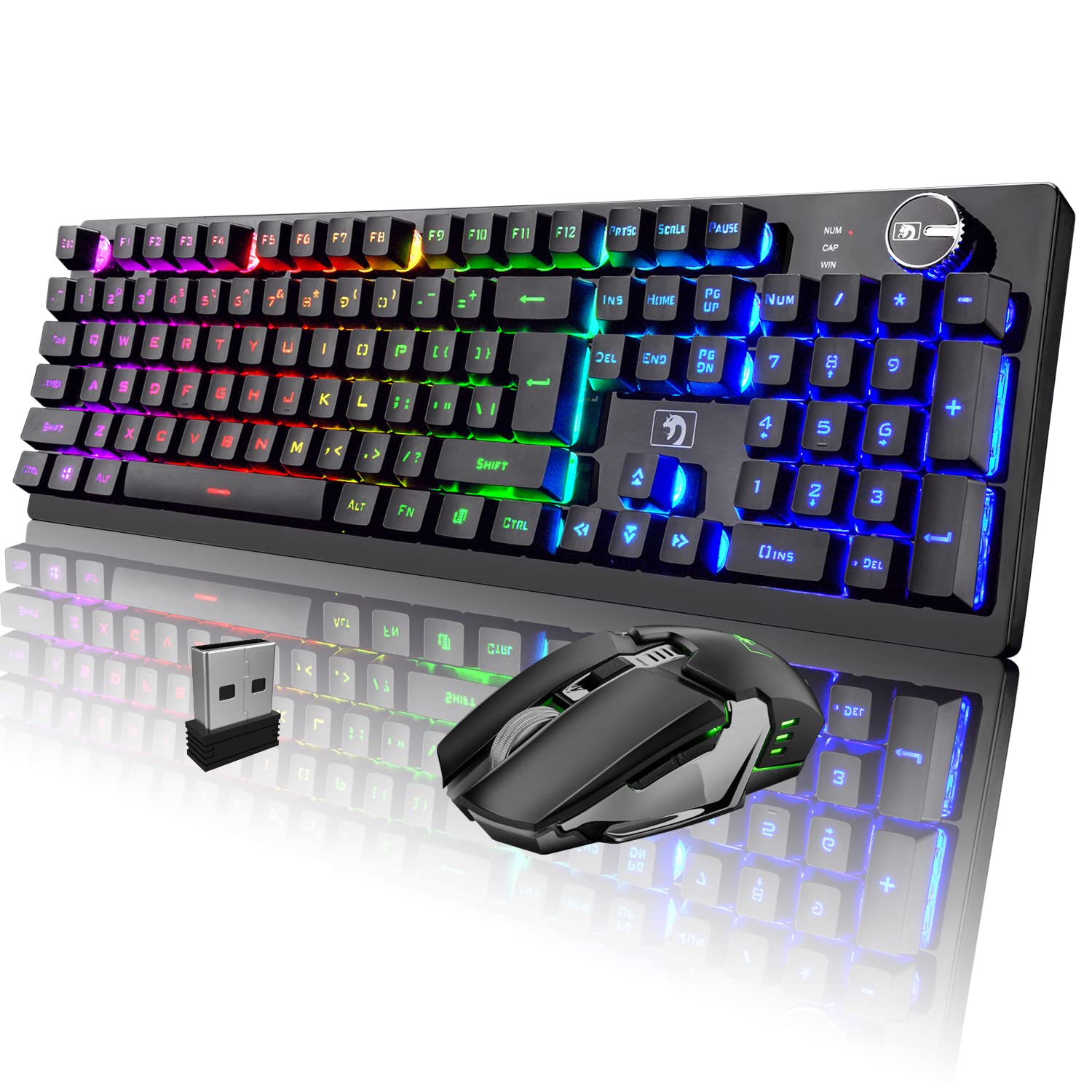 FELICON Wireless Gaming Keyboard and Mouse Set, RGB Backlit Rechargeable 4800mAh Battery, Mechanical Feel Anti-ghosting Keyboard, Control Knob for Multi-Media, Mute Gaming Mouse for Windows PC Gamer