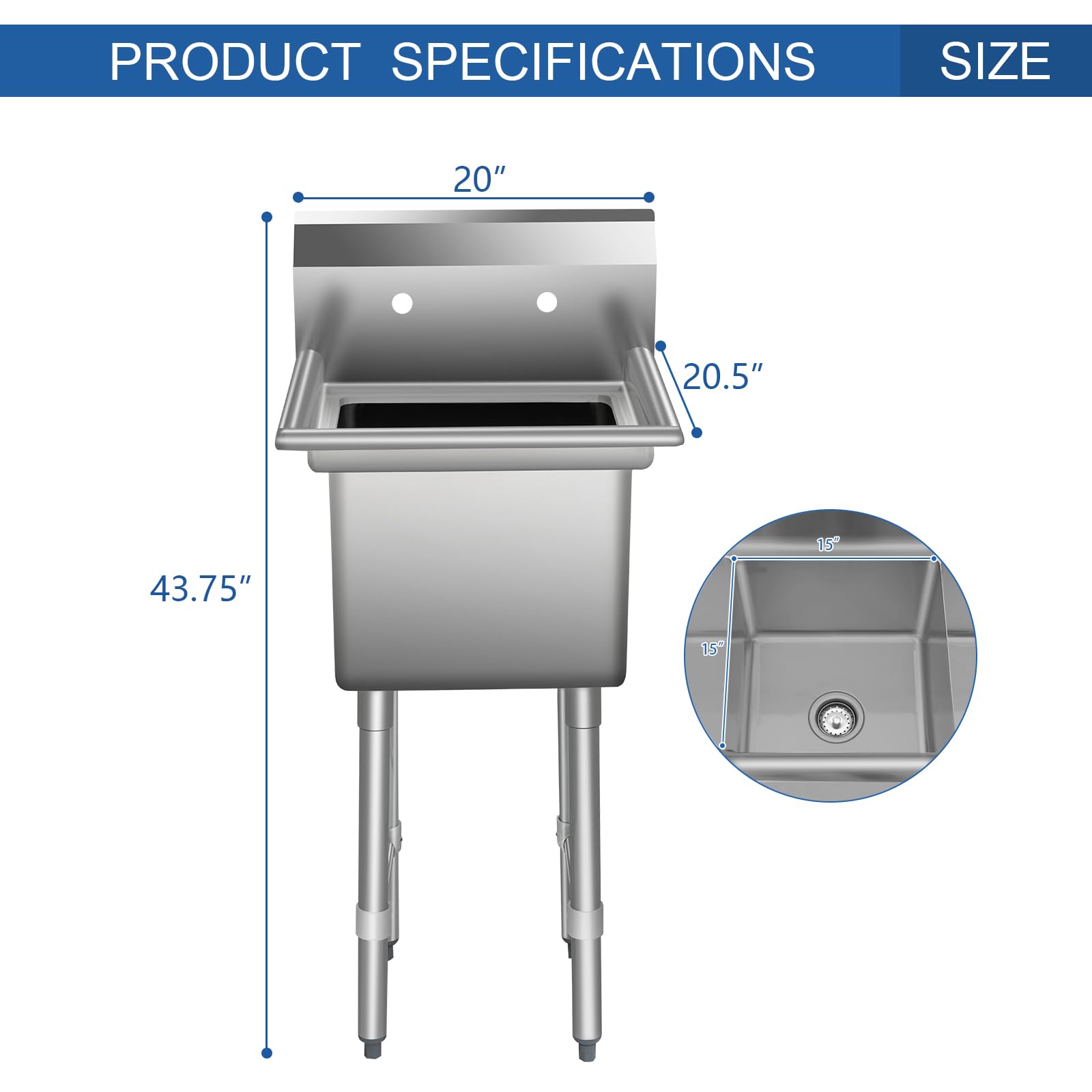 HARDURA Stainless Steel Commercial Compartment Sink With Freestanding Utility Kitchen Basin with 24" L X 24" W X 14" D Bowl For Restaurant, Kitchen & Garage