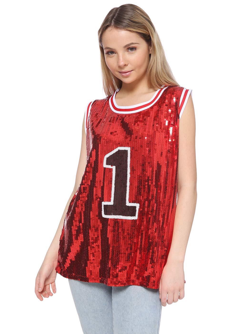 Anna-Kaci Sparkle Glitter Hip Hop T-Shirt Top Tunic Basketball Sequins Tank Vests, Red, Large