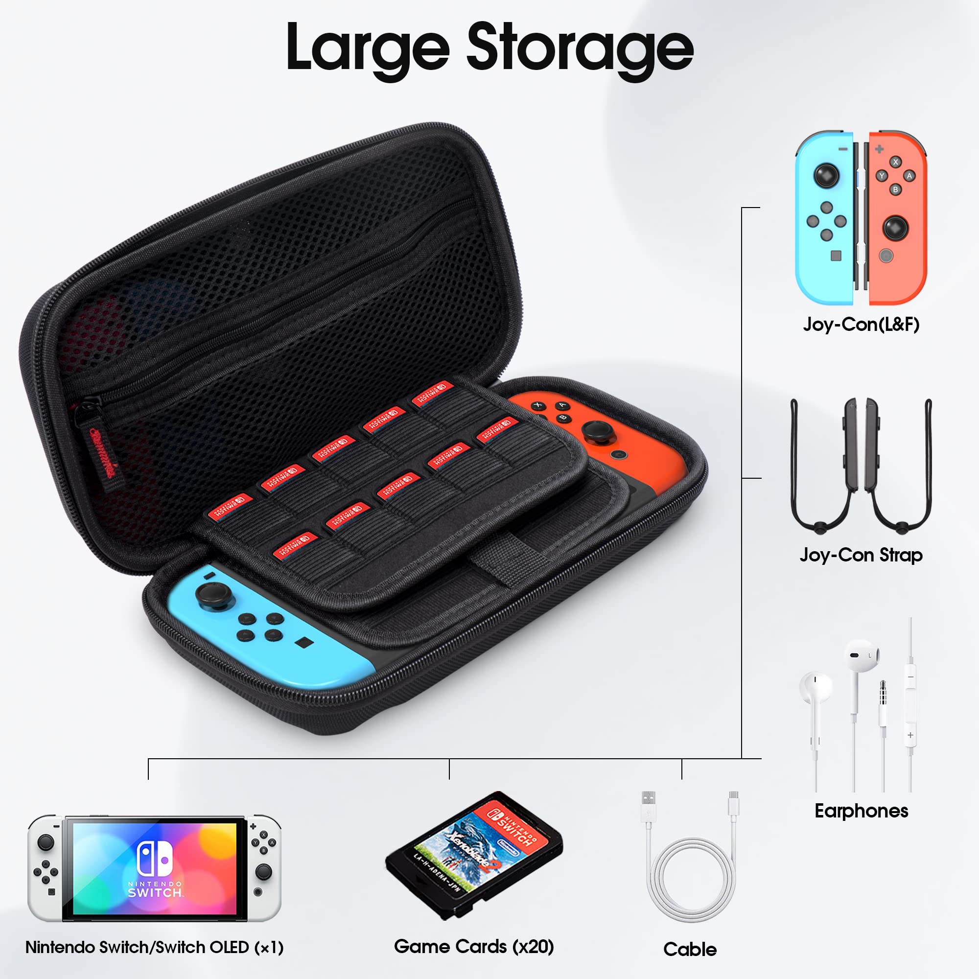 Arae Switch Carrying Case Compatible with Nintendo Switch / Switch OLED, Portable Travel Protective Hard Shell for Nintendo Switch Console & Accessories with 20 Game Card Storage Slot, Black