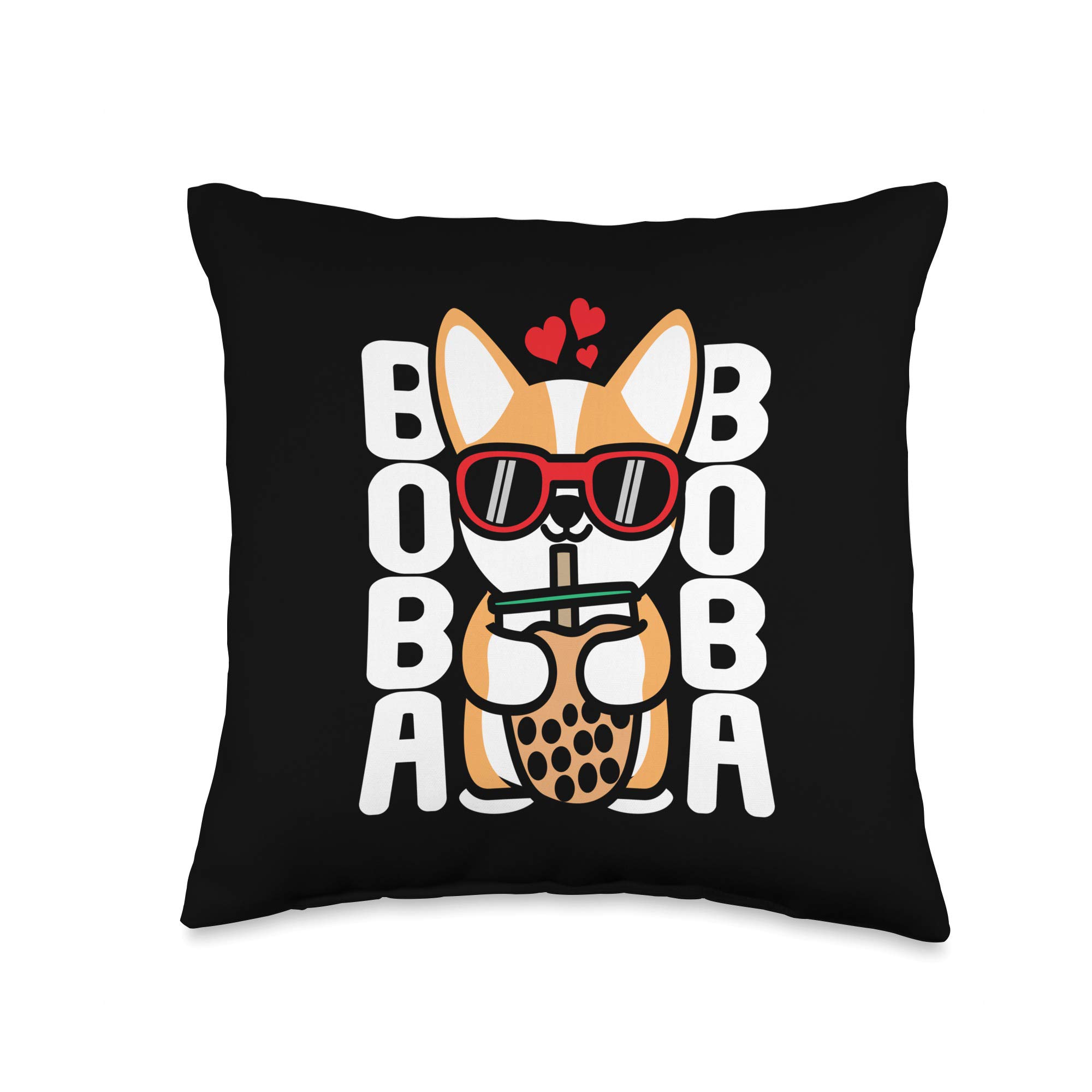 Adorable Corgi Doggy Furry Mammals Pedigree Canine Kawaii Boba Dog Corgi Drink Cute Anime Bubble Tea Heart Throw Pillow, 16x16, Multicolor