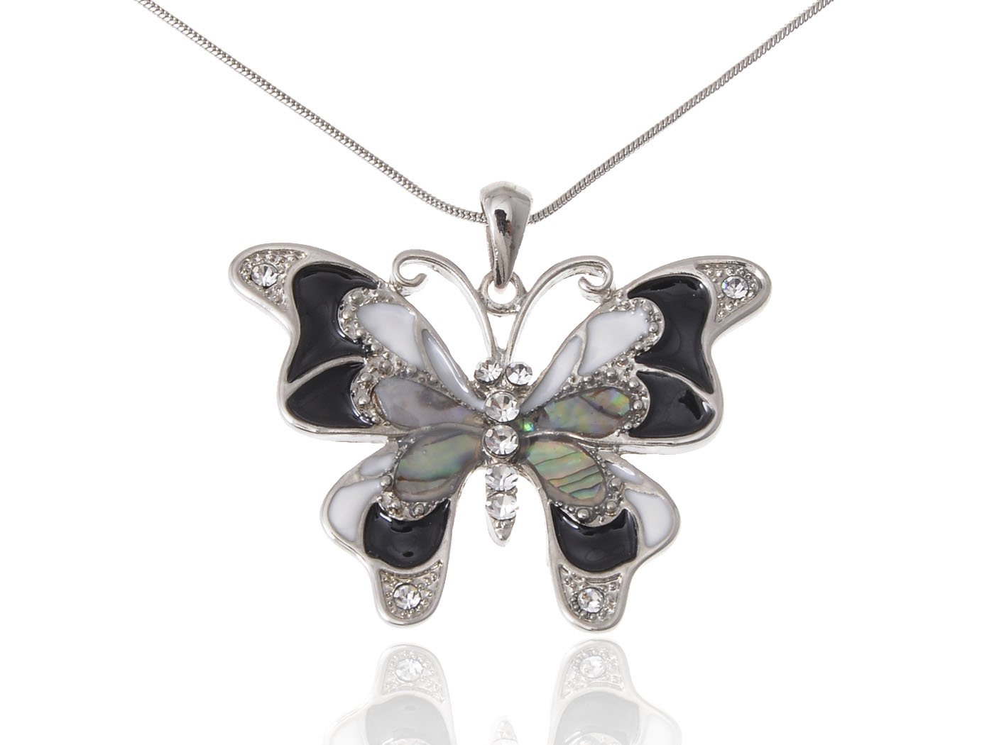 Alilang Silvery Tone Abalone Colored Stones Black White Butterfly Pendant Necklace