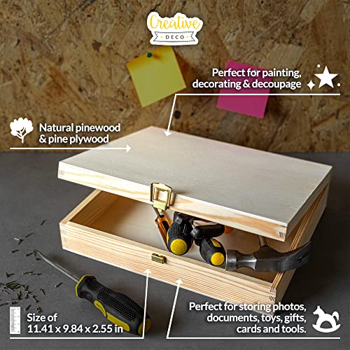 Creative Deco Wooden Storage Box Unpainted Plain | 11.41 x 9.84 x 2.55 in | Golden Latch & Lid | Perfect for Storing Valuables & Small Items in The Office or Bedroom | Keepsake Memory Trinket Chest